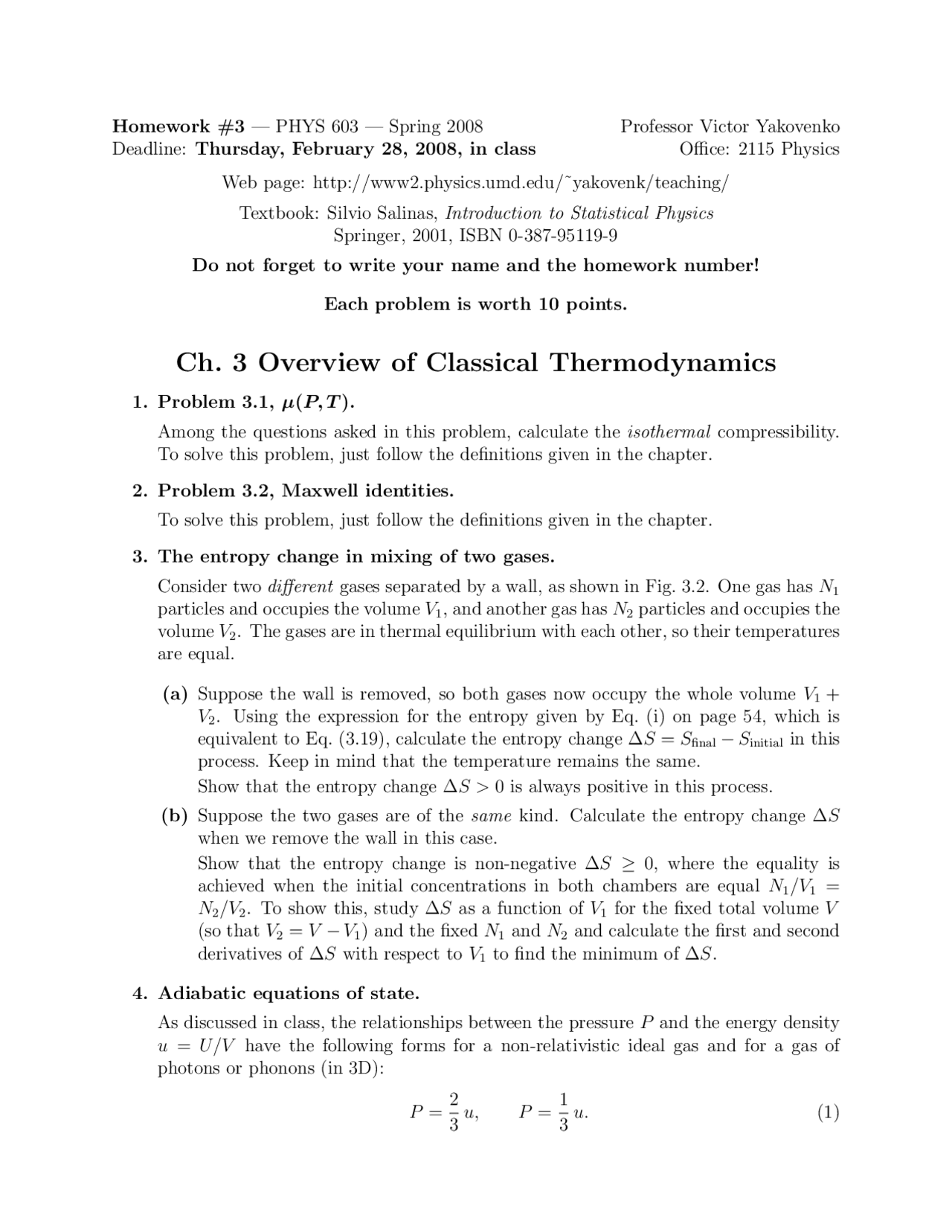 Overview of Classical Thermodynamics - Homework 3 | PHYS 603 - Docsity