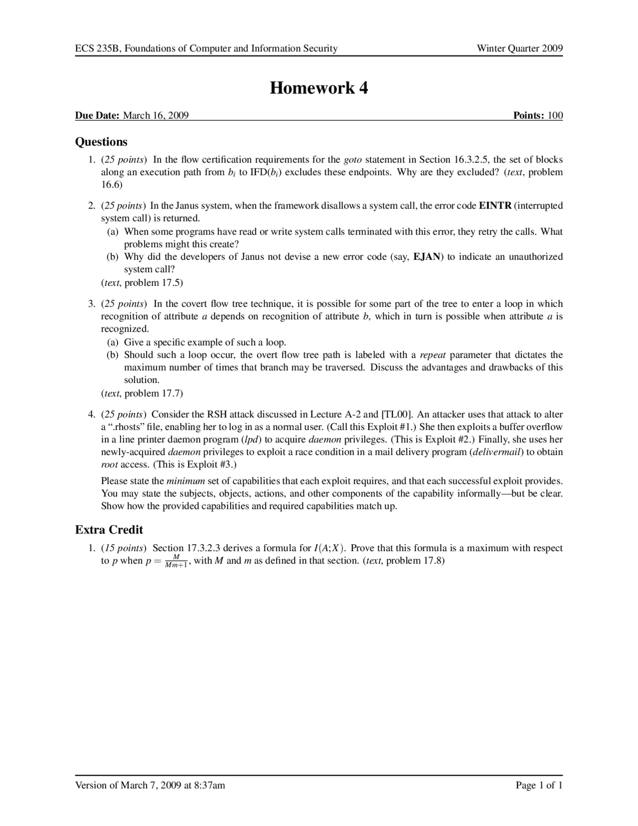 Homework 4 for Computer and Information Security | ECS 235A - Docsity