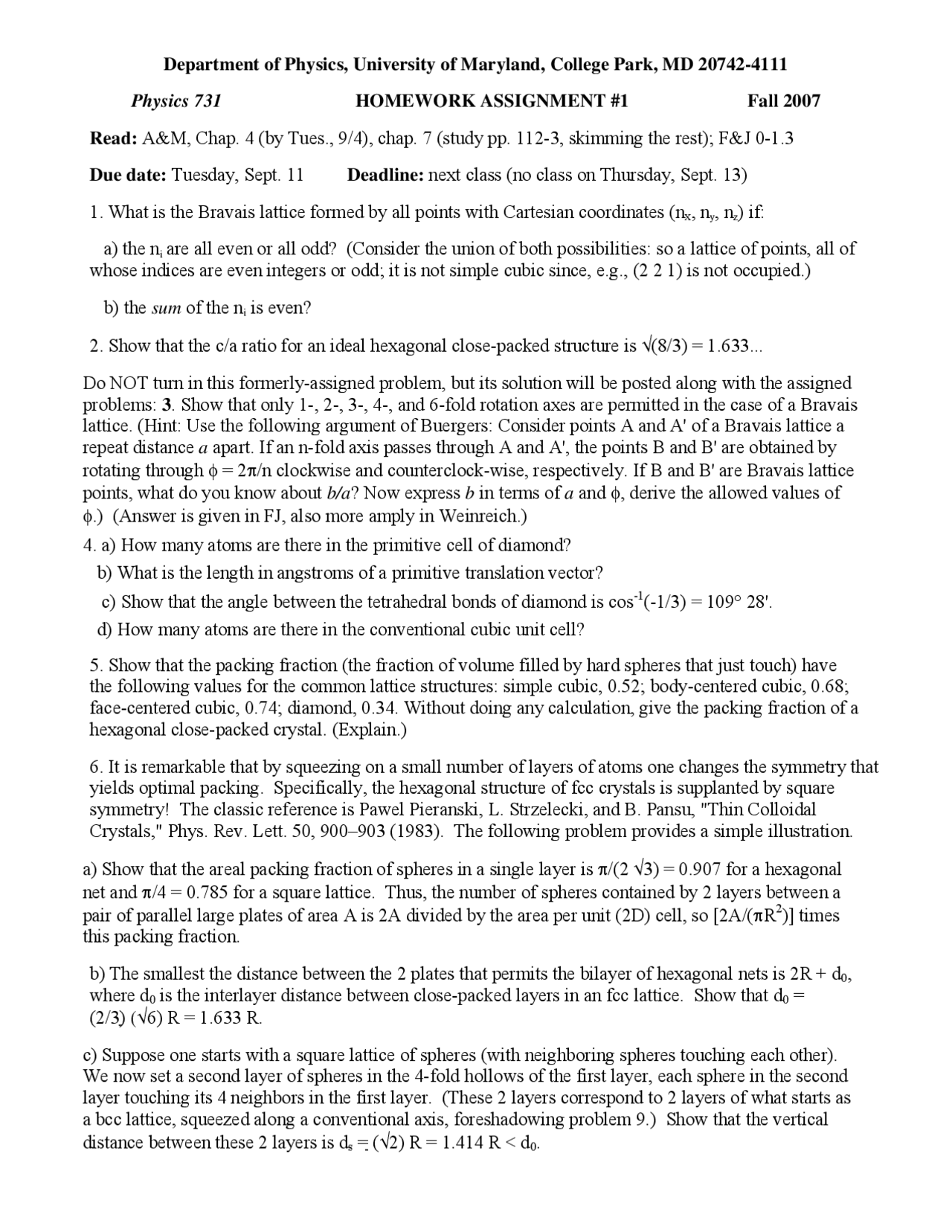 Solid State Physics Survey Practice Assignment 1 Phys 731 Docsity