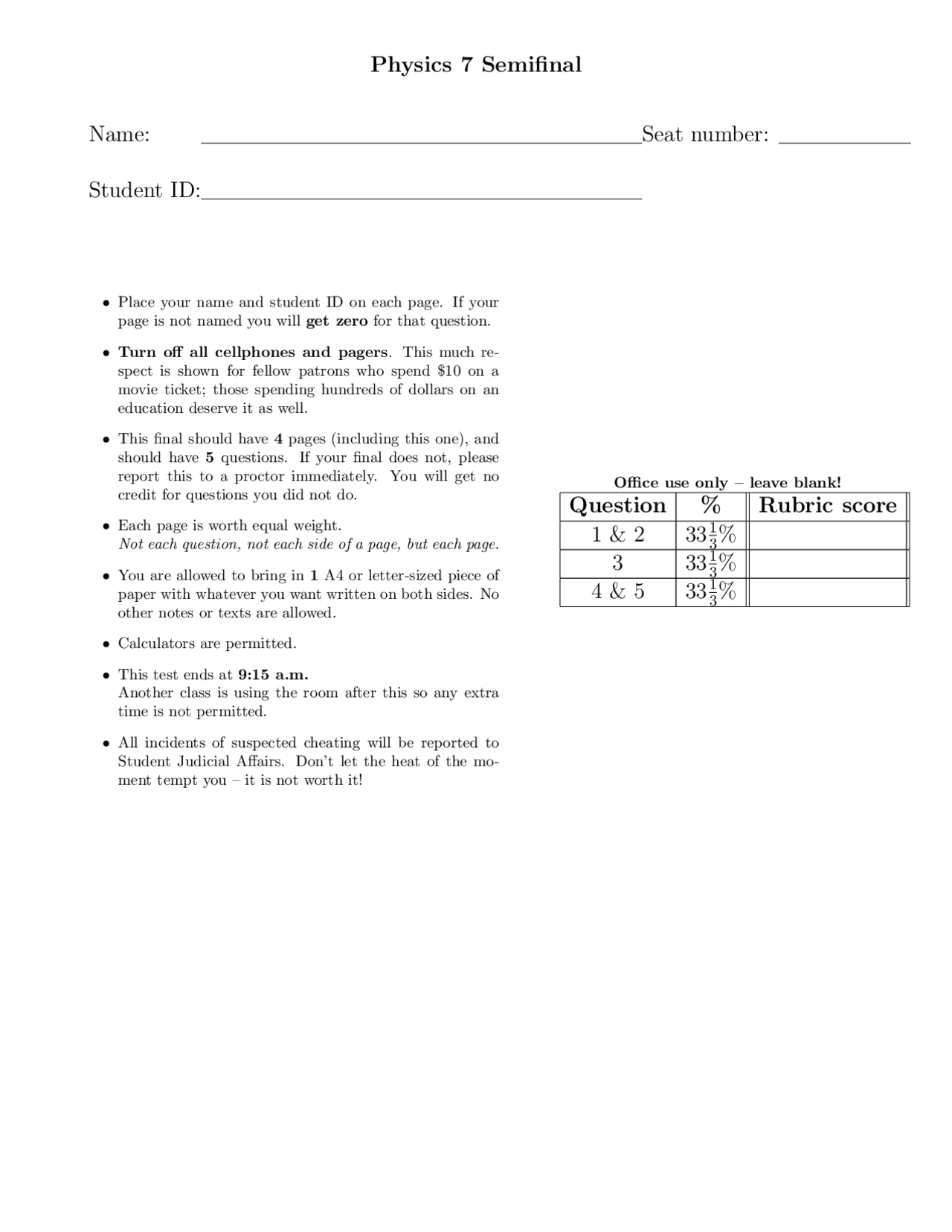 Sample Questions For Quiz General Physics Phy 007a Docsity