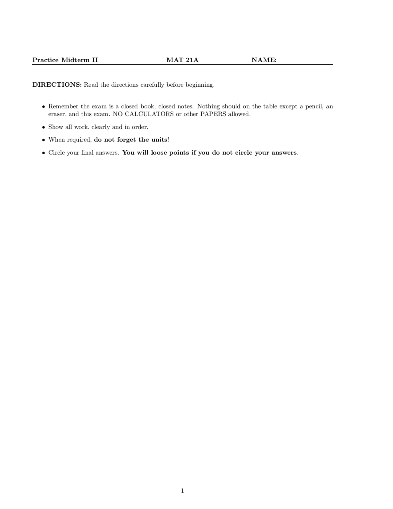 Practice Midterm 2 for Calculus | MAT 021A | Exams Calculus | Docsity