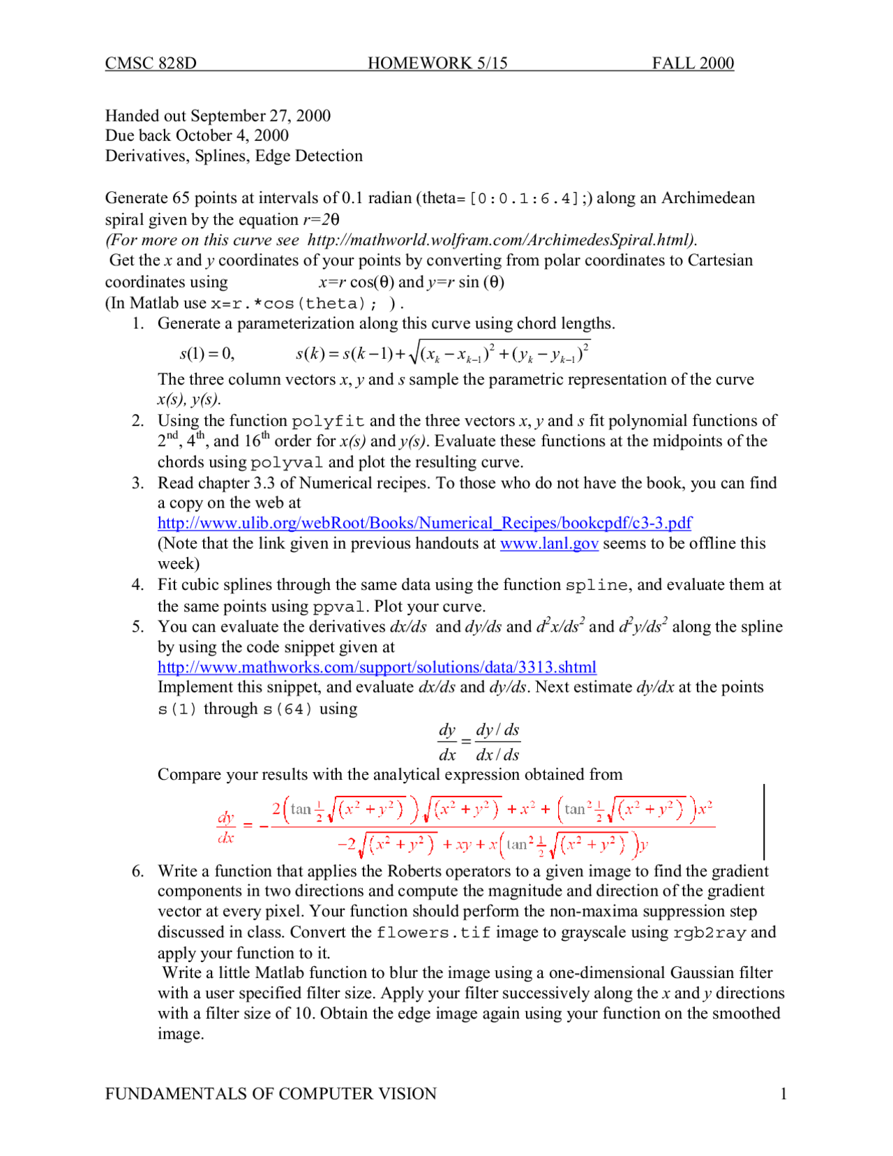 6 Solved Problems on Derivatives, Supplines and Edge Deduction | CMSC 828 - Docsity