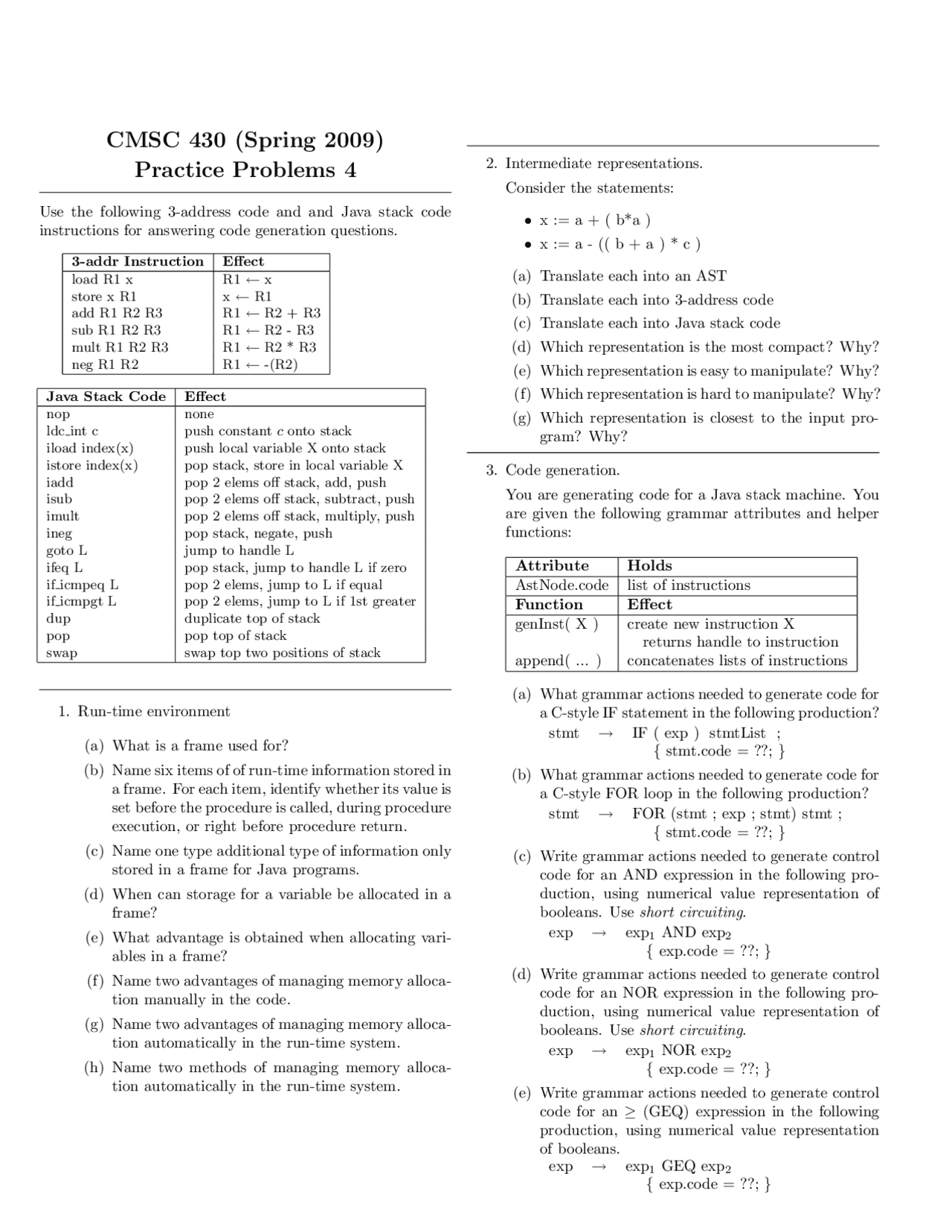 Practice Problems 4 Introduction To Compilers Spring 2009 Cmsc