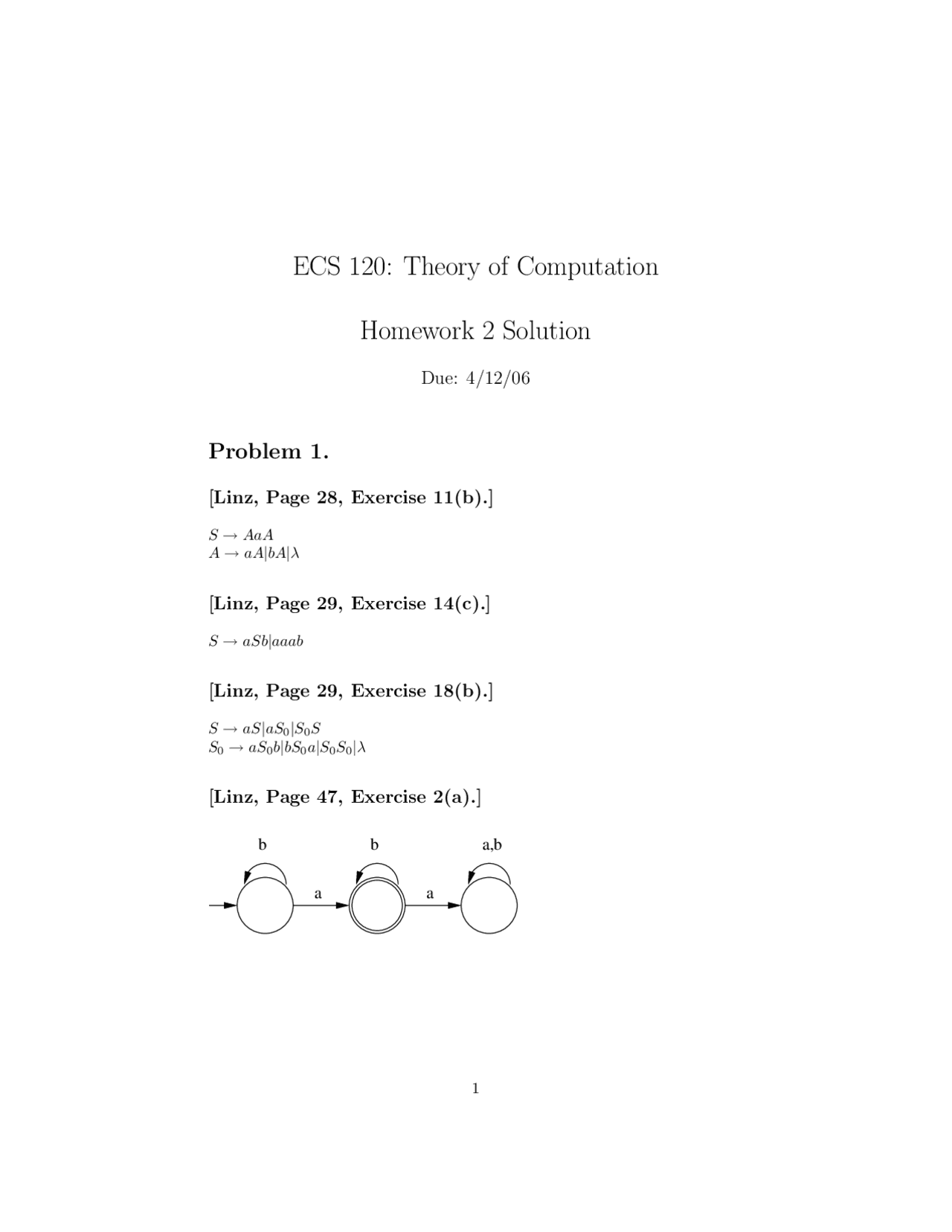 Homework 2 Solutions For Theory Of Computation Ecs 120 Docsity