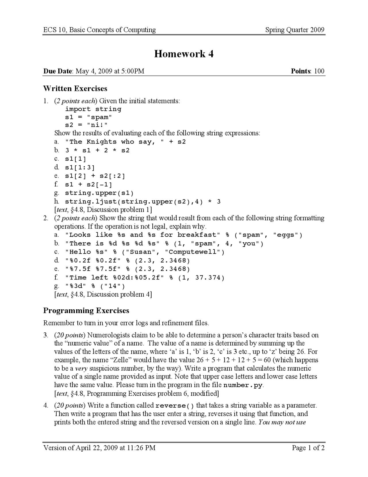Homework 4 Basic Concepts Of Computing Ecs 010 Docsity 2720