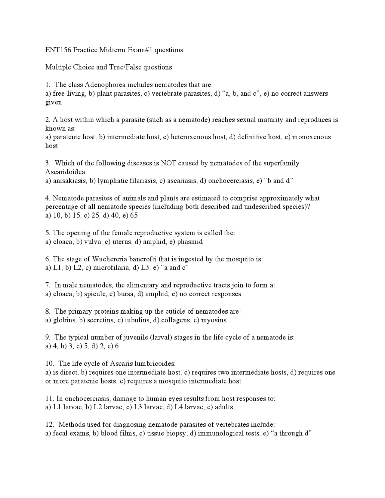 Practice For Entomology Midterm Exam 1 30 Questions Ent 156 Docsity