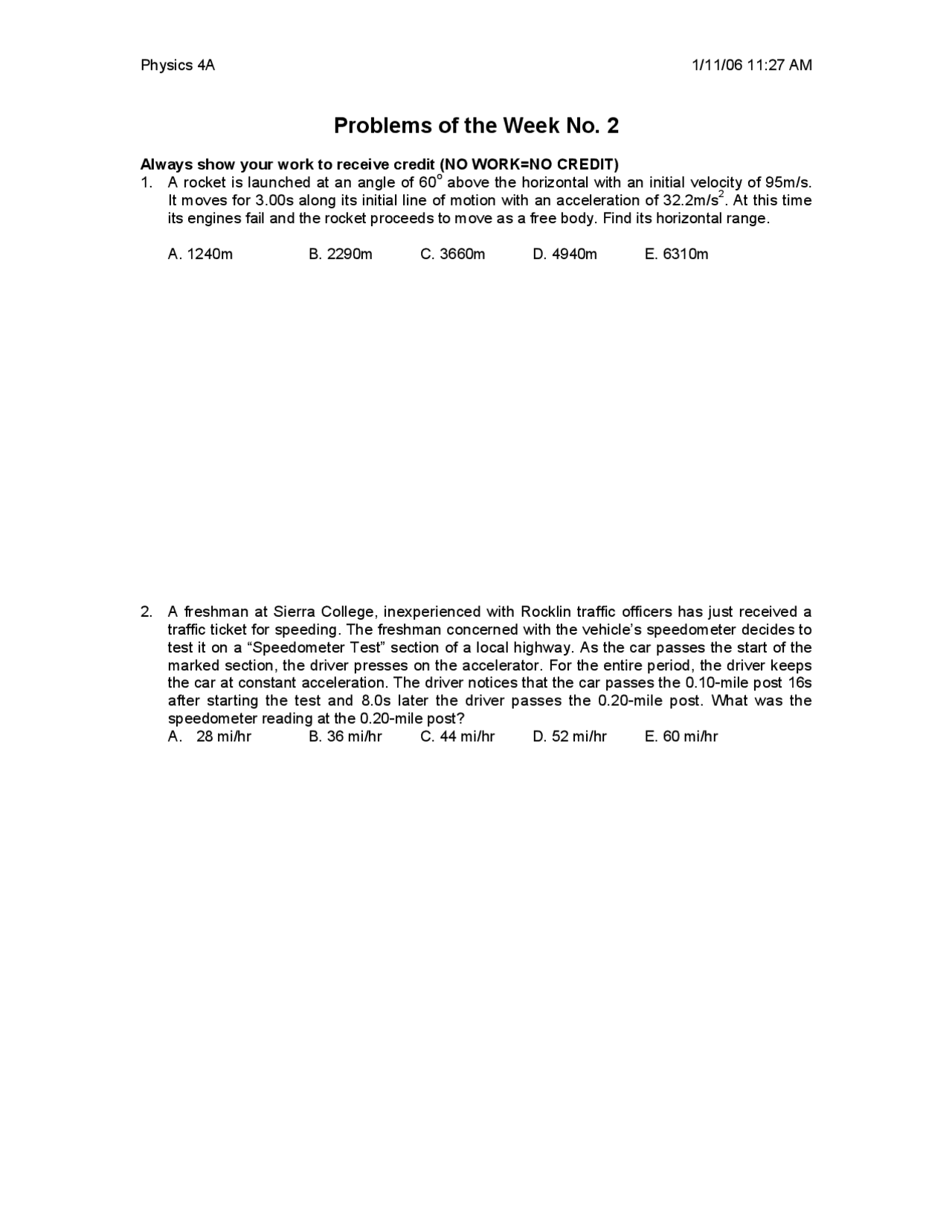 Sample Problems - Principles Physics: Mechanics - Fall 2006 | PHYS 0004A | Assignments Physics ...