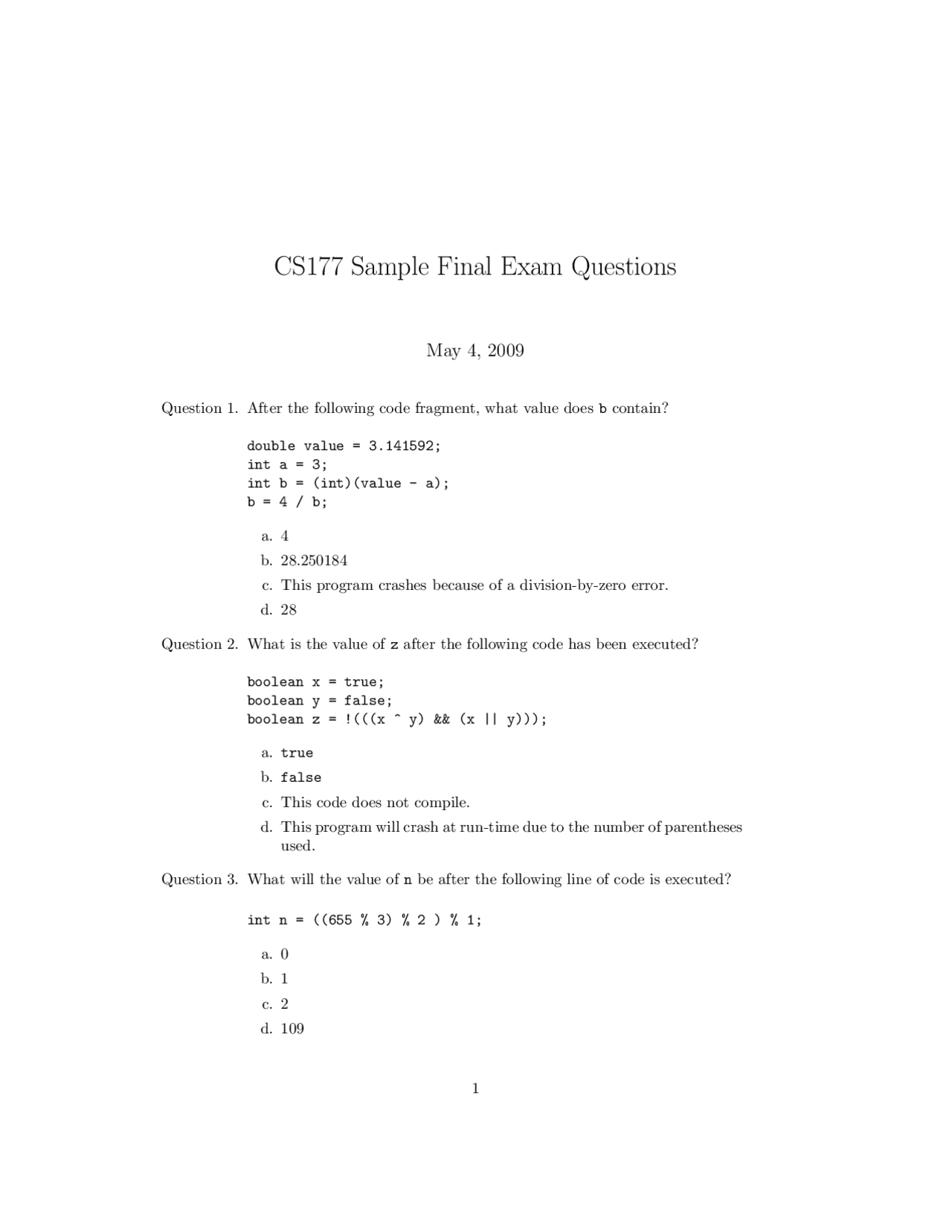 Sample Final Exam Questions Programming With Multimedia Objects Cs