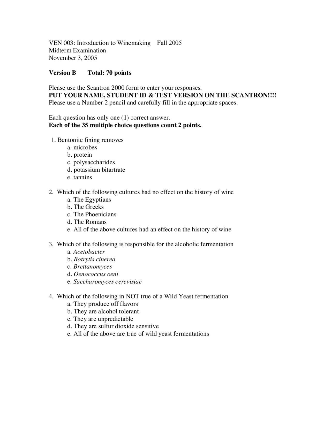 Introduction To Winemaking Midterm Exam With Answers Ven 003 Docsity