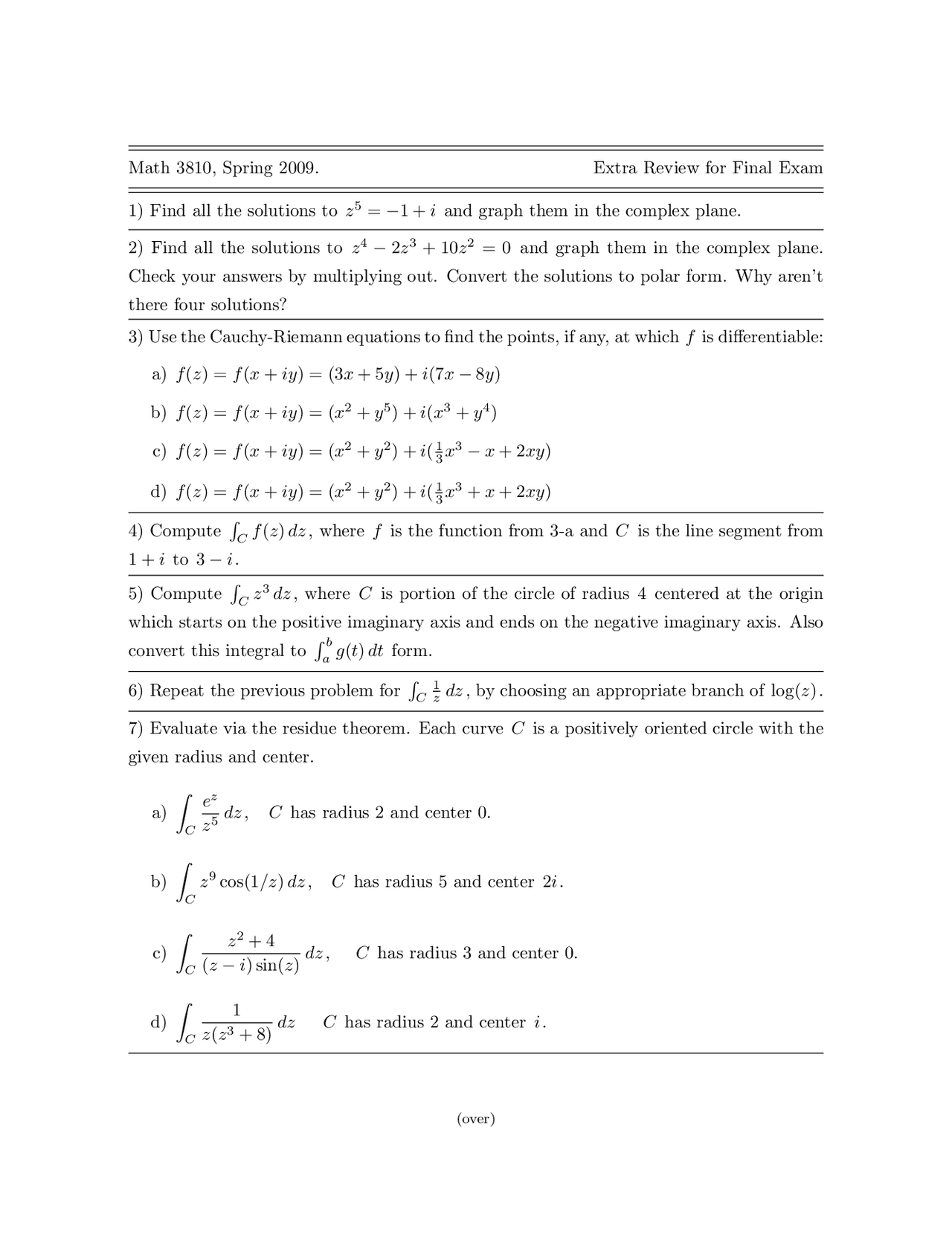 Extra Review For Final Exam Complex Variables Math 3810 Docsity