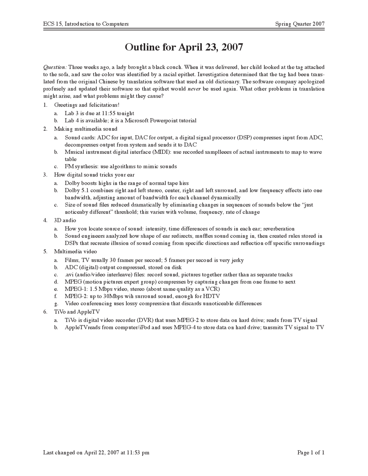 Outline For Introduction To Computers Ecs 015 Docsity