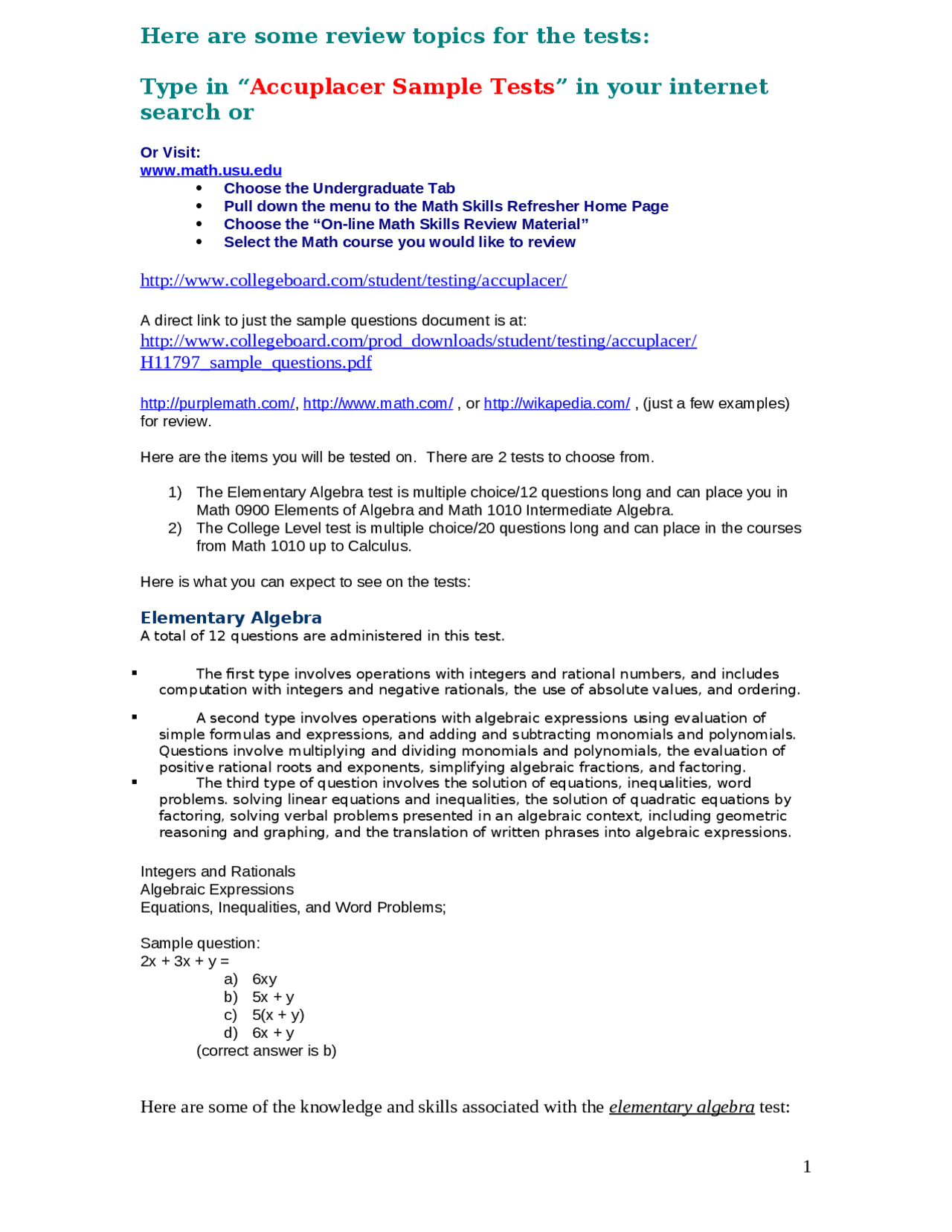 Exam 1 Questions - Elements of Algebra | MATH 0900 | Exams Mathematics ...