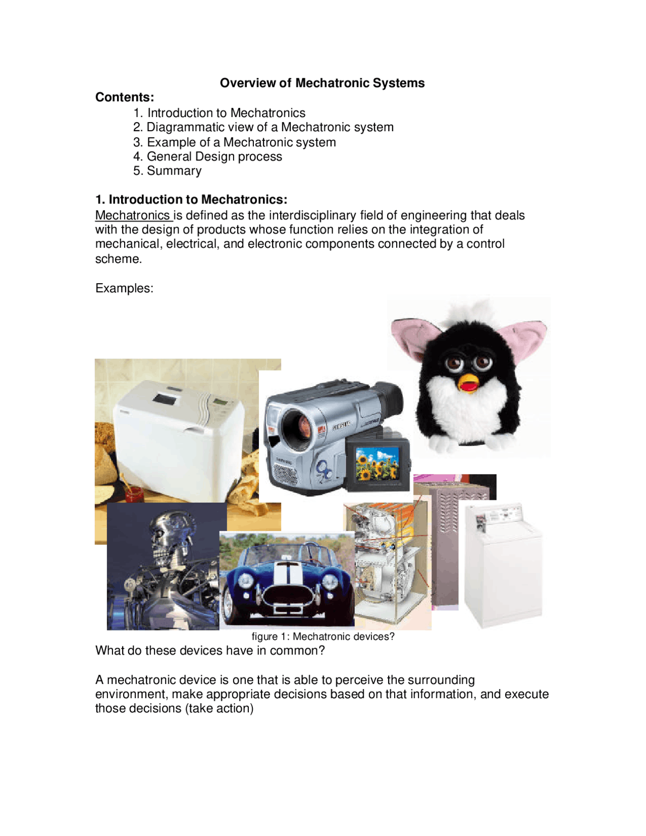 Overview of Mechatronic Systems - Outline | ME 4370 - Docsity
