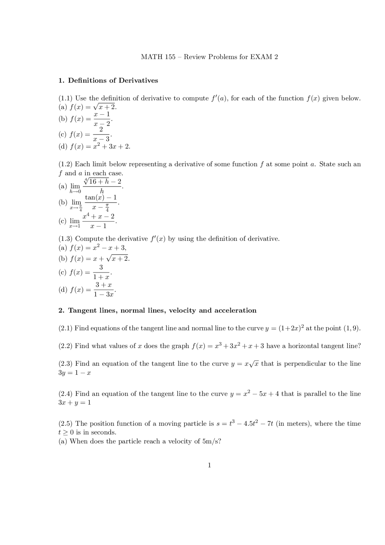 Review Problem for Exam 2 - Calculus 1 | MATH 155 - Docsity