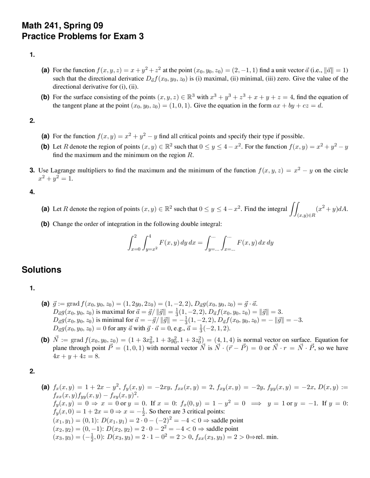 Practice Problems For Exam 3 Calculus Iii Math 241 Docsity