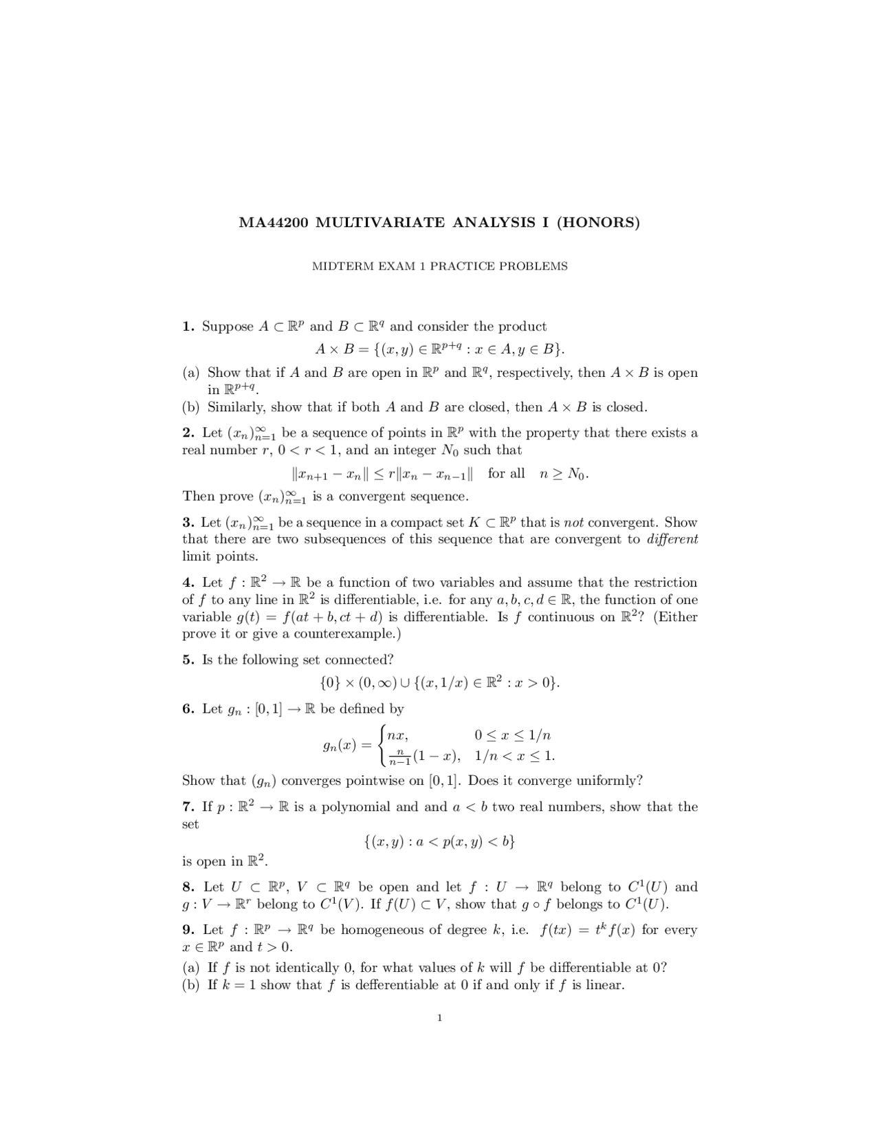 Midterm Exam 1 Practice Problems Multivariate Analysis I Honors | MA ...