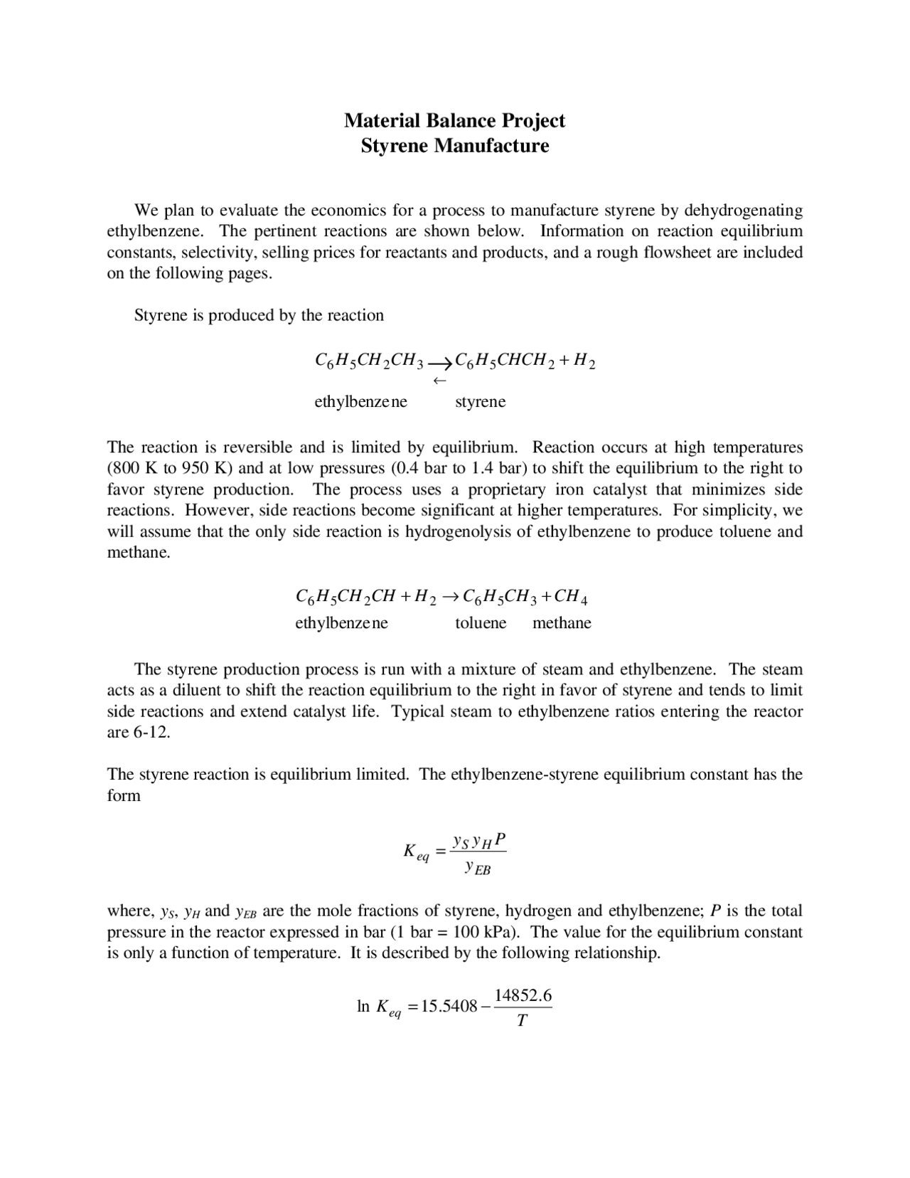Material Balance Project Styrene Manufacture | CHE T312 - Docsity