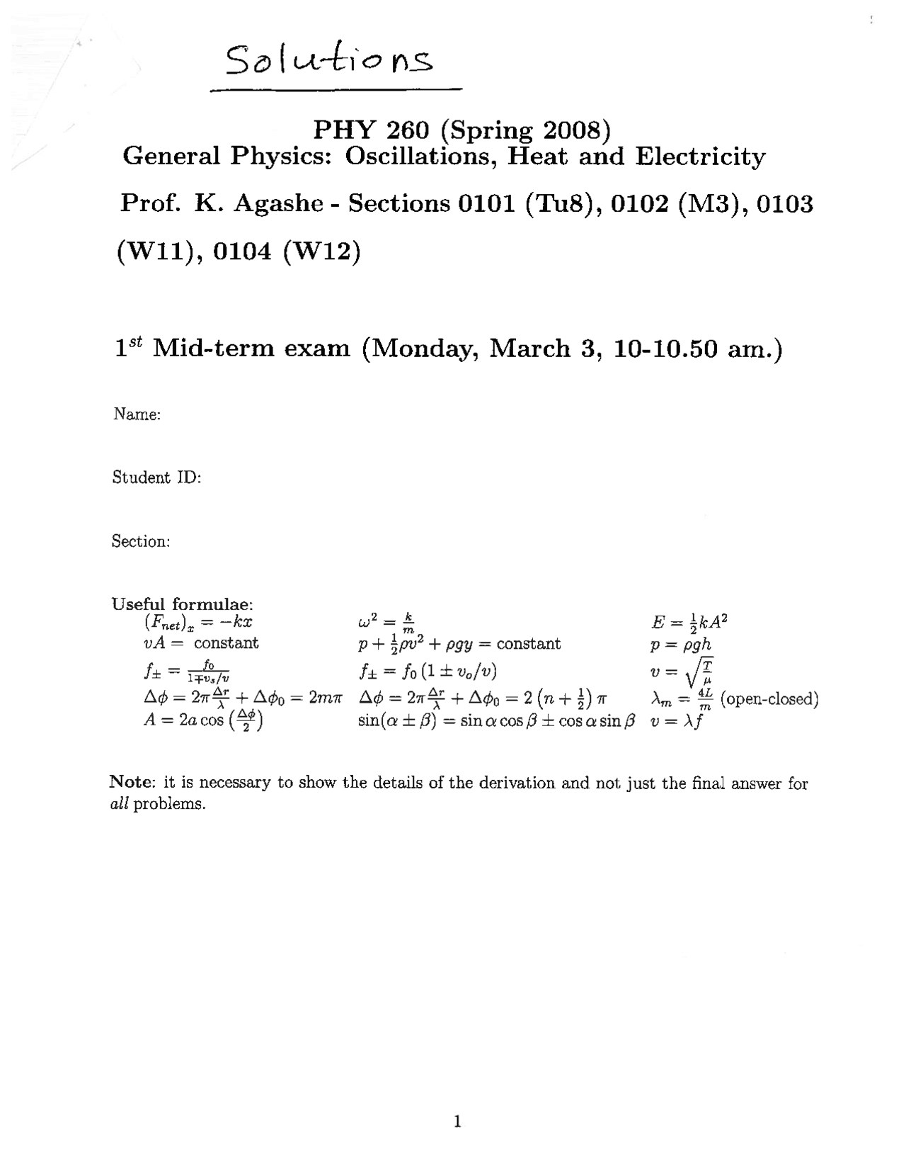 Oscillation Heat And Electricity Midterm Solutions Phys 260 Docsity