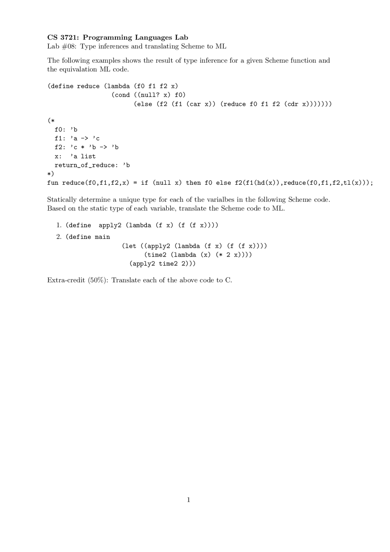 Lab 8 Types Inferences And Translating Scheme To Ml Cs 3721 Docsity