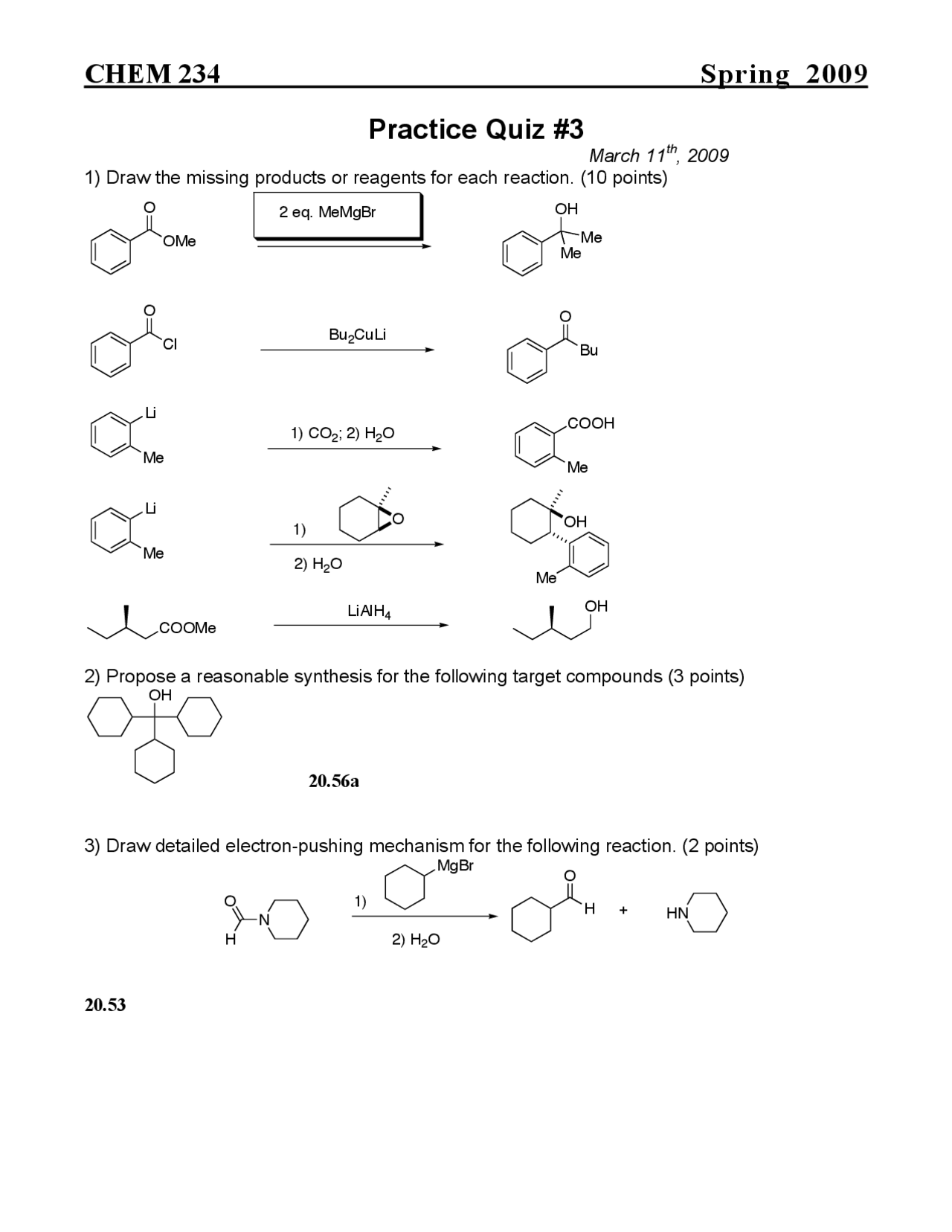 Practice Quiz 3 - Organic Chemistry | CHEM 234 - Docsity