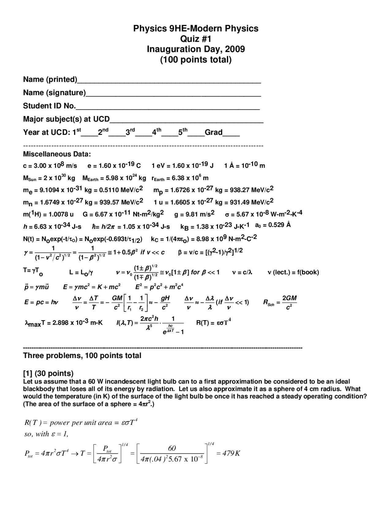 Solutions For Quiz 1 Modern Physics Phy 009he Docsity