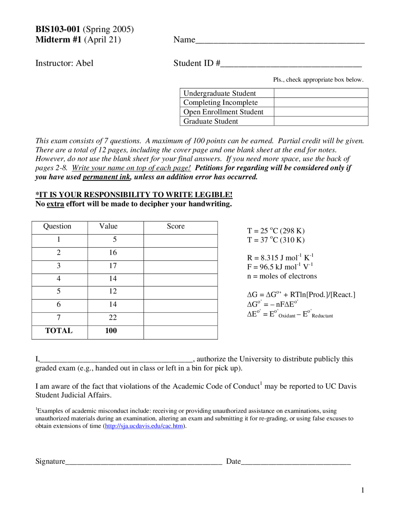 Midterm Exam 1 Questions Bioenergetics Metabolism Bis 103 Docsity