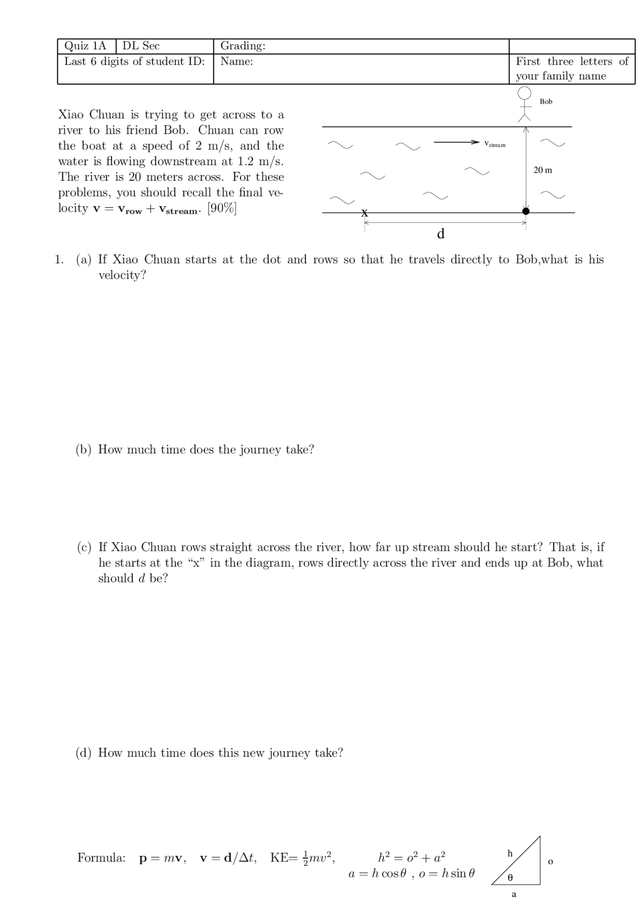 Quiz 1a With Two Questions For General Physics Phy 007b Docsity