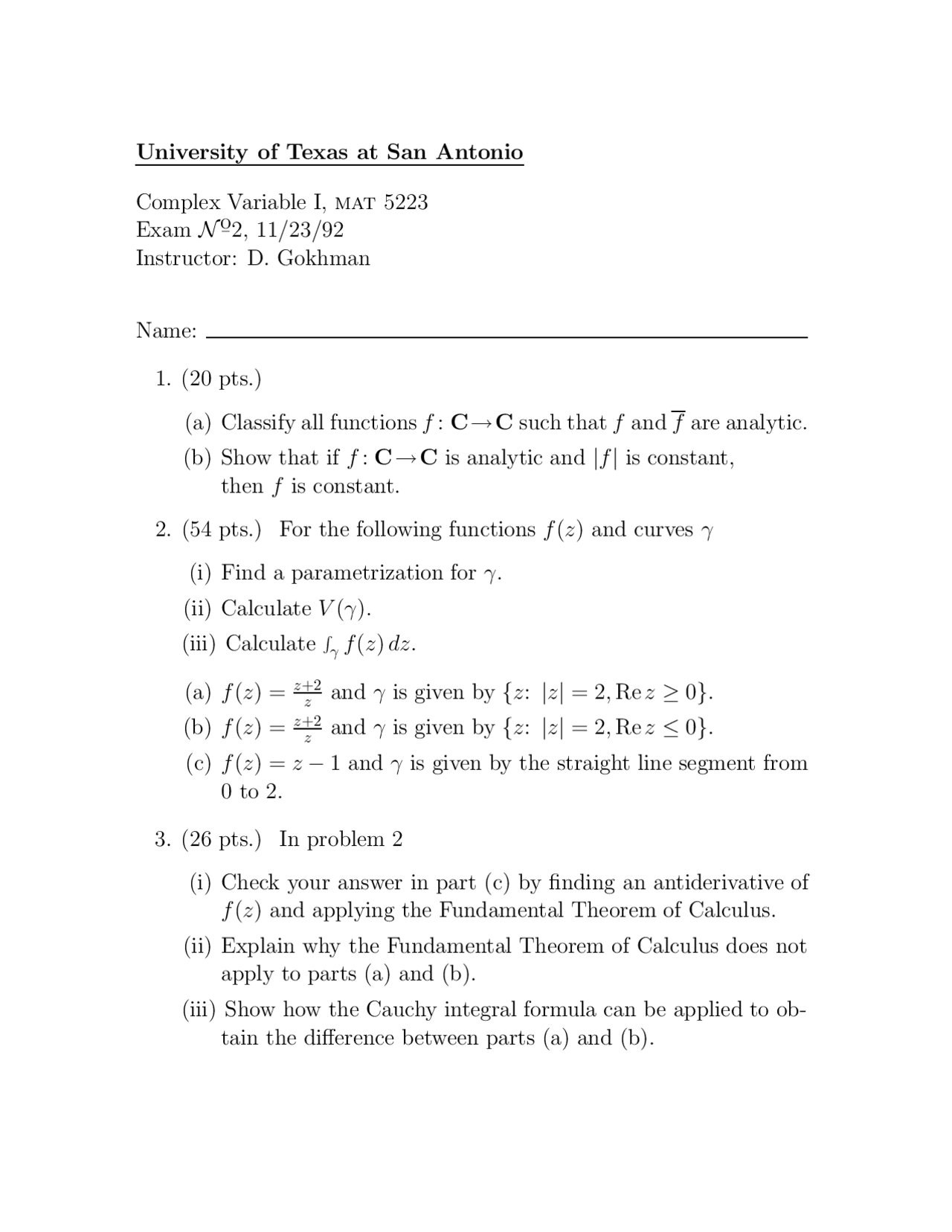 Exam for Theory of Function of a Complex Variable I | MAT 5223 | Exams Mathematics | Docsity
