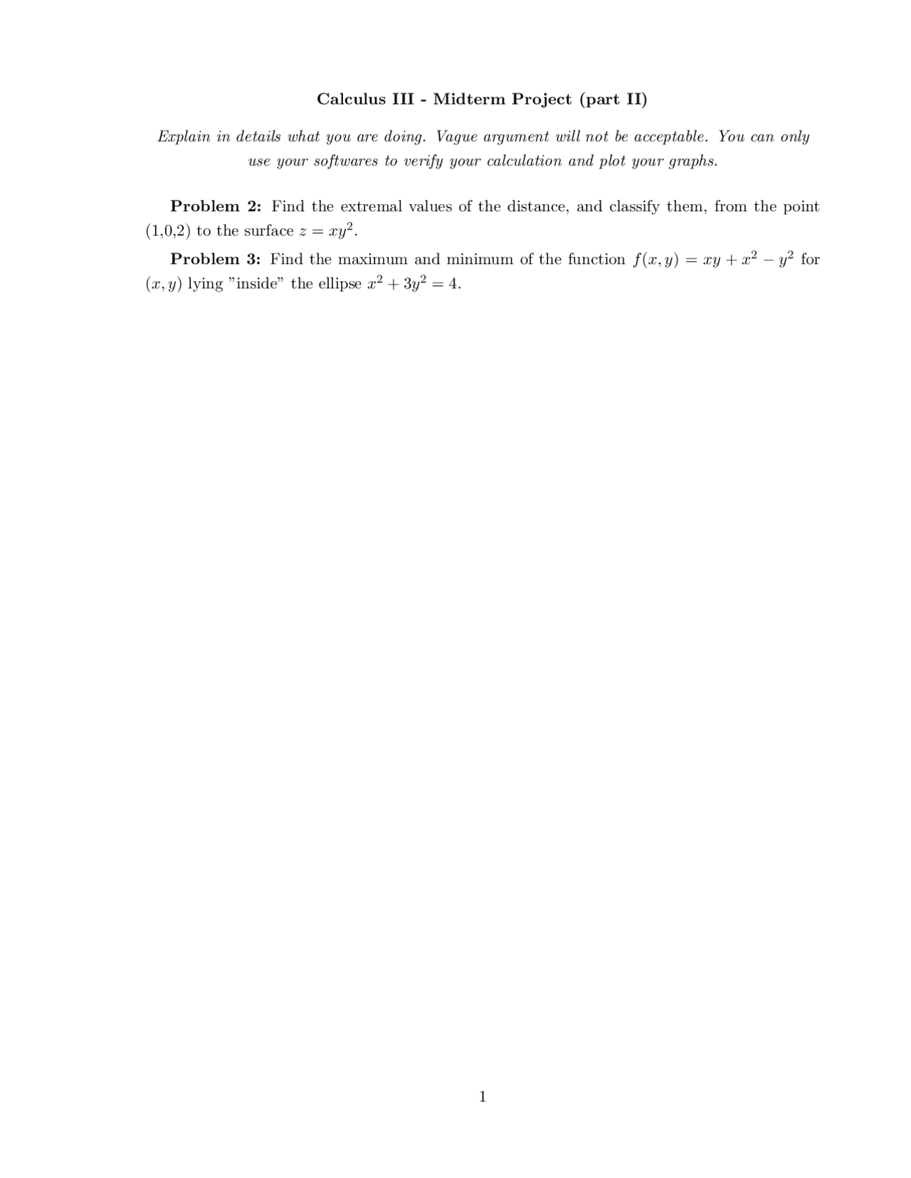 Calculus III for Midterm Project 2 | MAT 2213 - Docsity