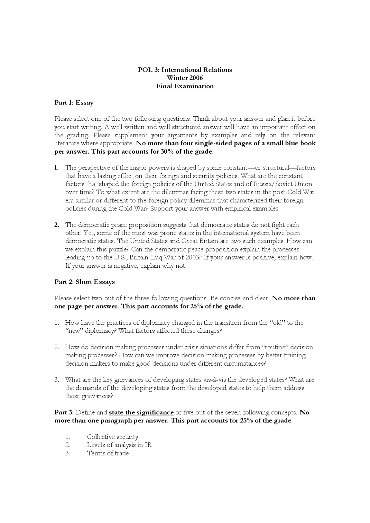 Solved Problems On International Relations Final Exam Pol 003 Docsity