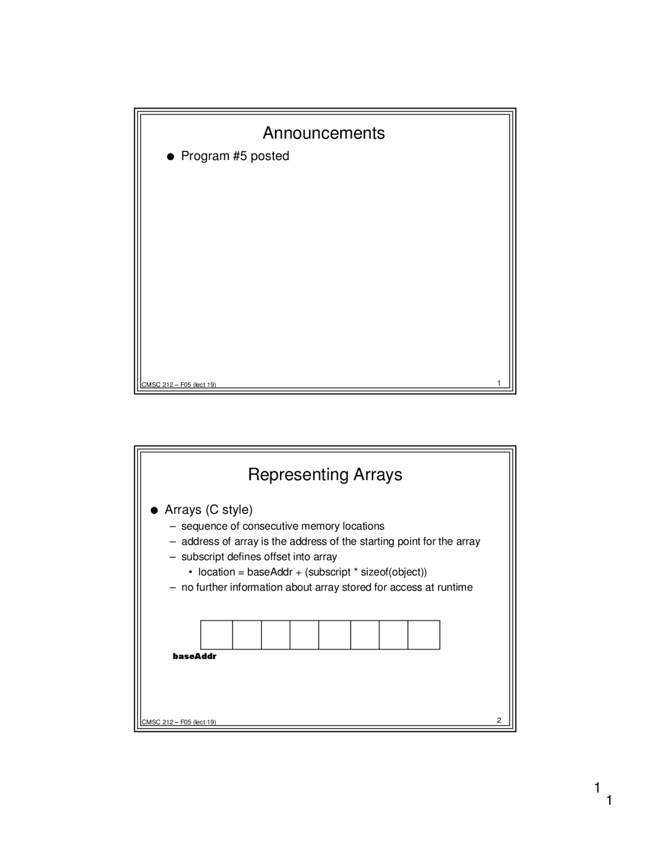 Representing Arrays Pointers Lecture Slides Cmsc 212 Docsity