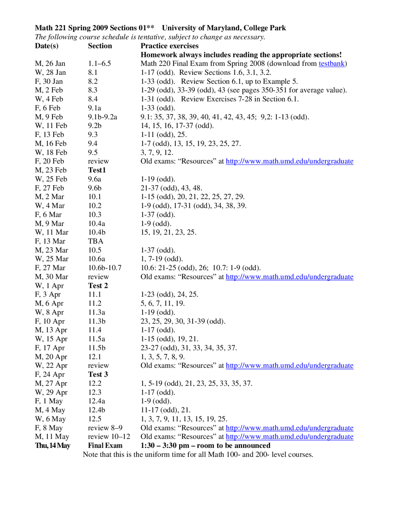 Elementary Calculus Ii Course Schedule Math 221 Docsity