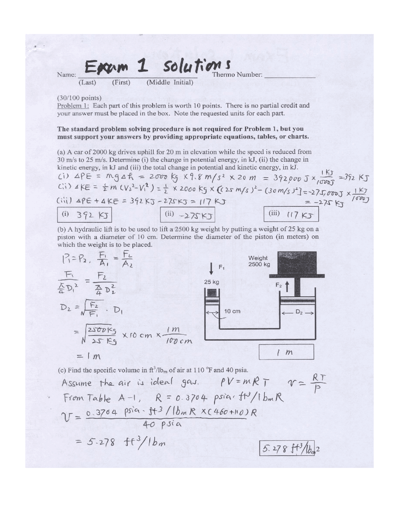 3 Questions With Solution Of Thermodynamics I Exam 1 Me 20000 Docsity