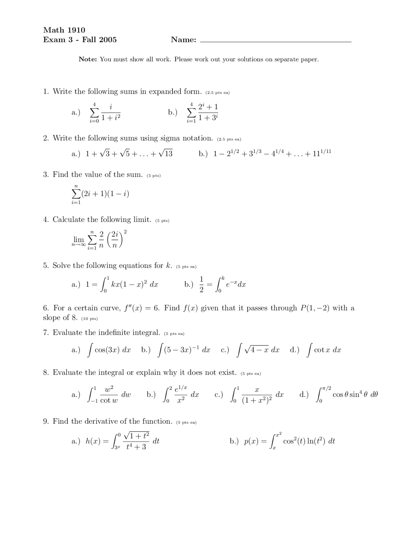 Practice Exam For Calculus I Fall 2005 Math 1910 Docsity