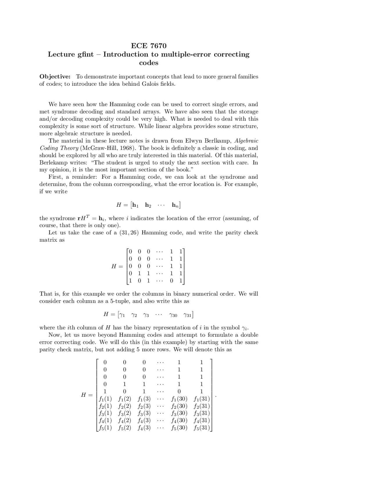 Introduction To Multiple Error Correcting Codes Lecture Notes Ece 7670 Docsity