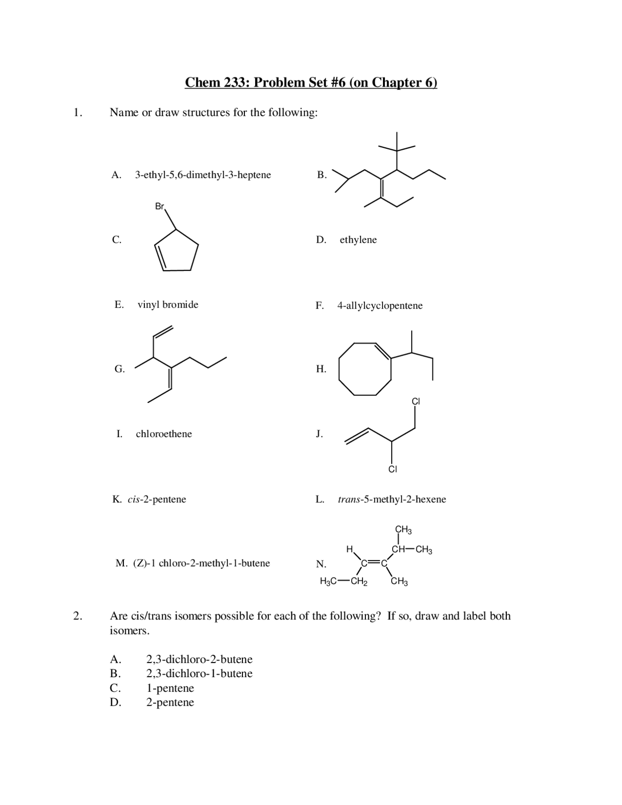 Problem Set 6 Questions on Organic Chemistry | CHEM 233 - Docsity