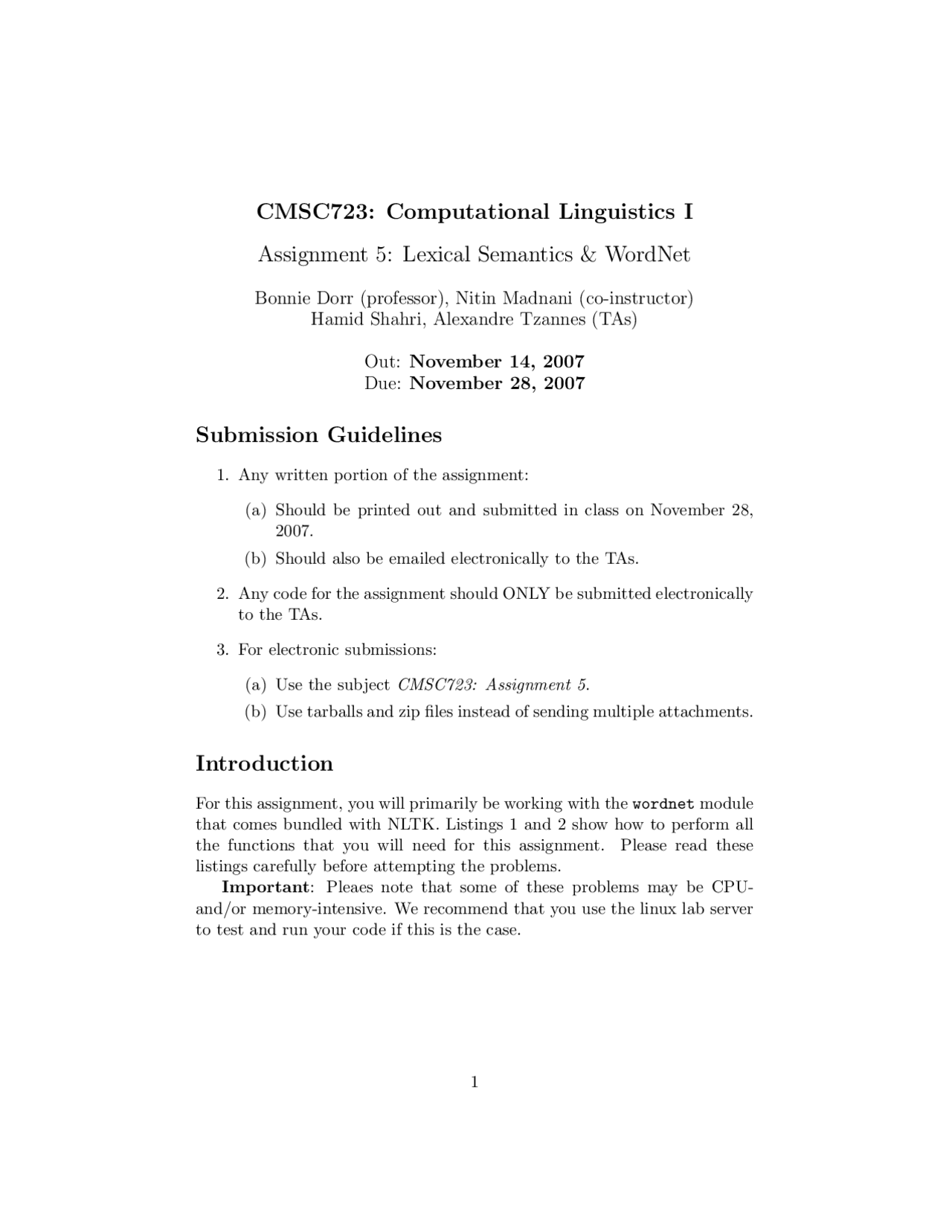 Assignment 5 Lexical Semantics And Wordnet Cmsc 723 Docsity