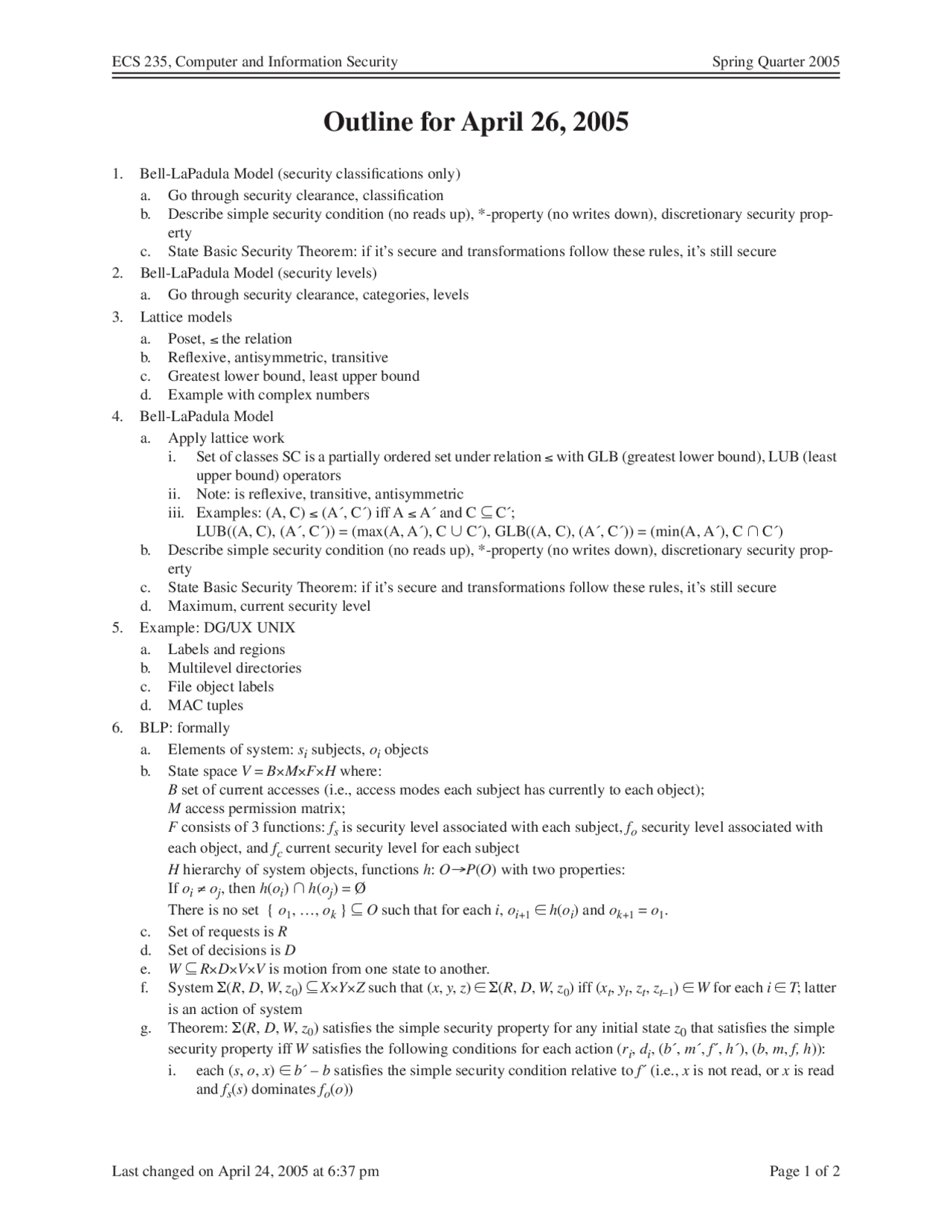 Computer And Information Security Outline Ecs 235a Docsity