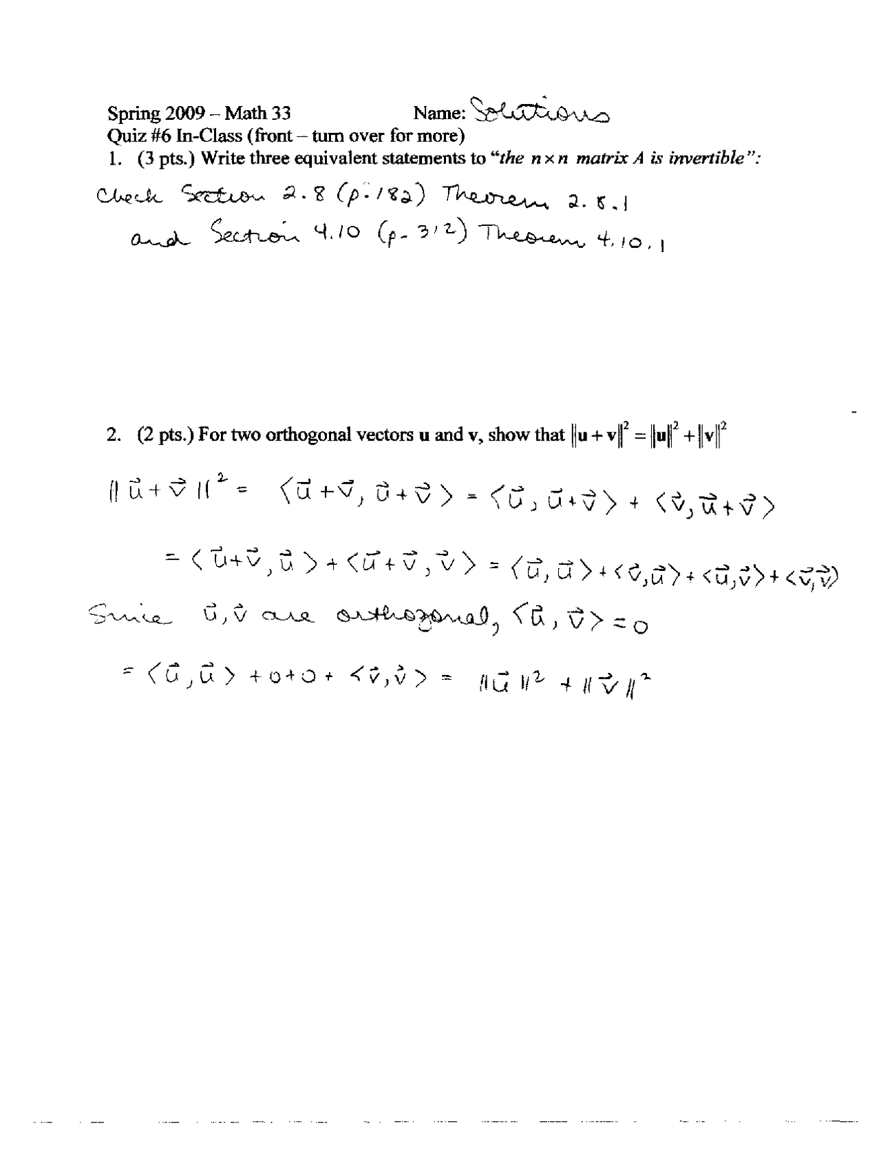 Equivalent Statement And Orthogonal Vectors Math 0033 Quizzes