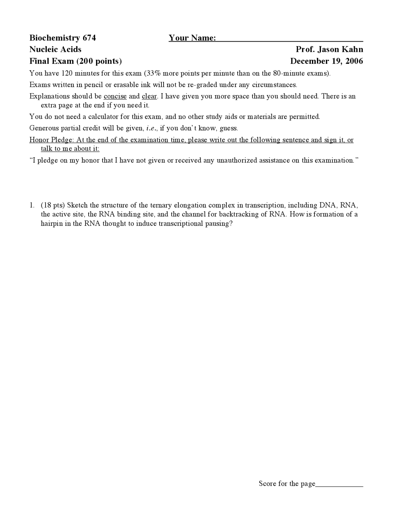 Final Exam On Nucleic Acids 2006 Bchm 674 Docsity
