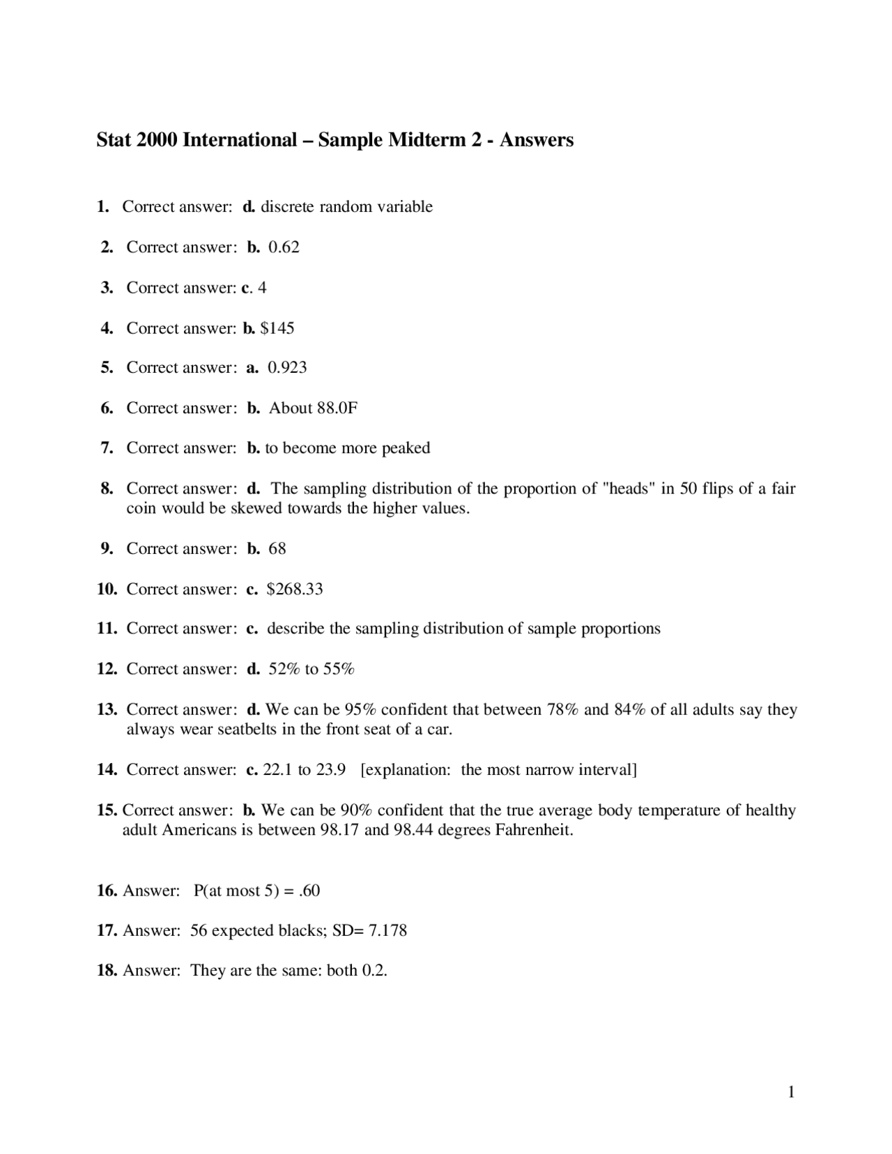 Sample Midterm 2 With Answers Statistical Methods Stat 2000 Docsity