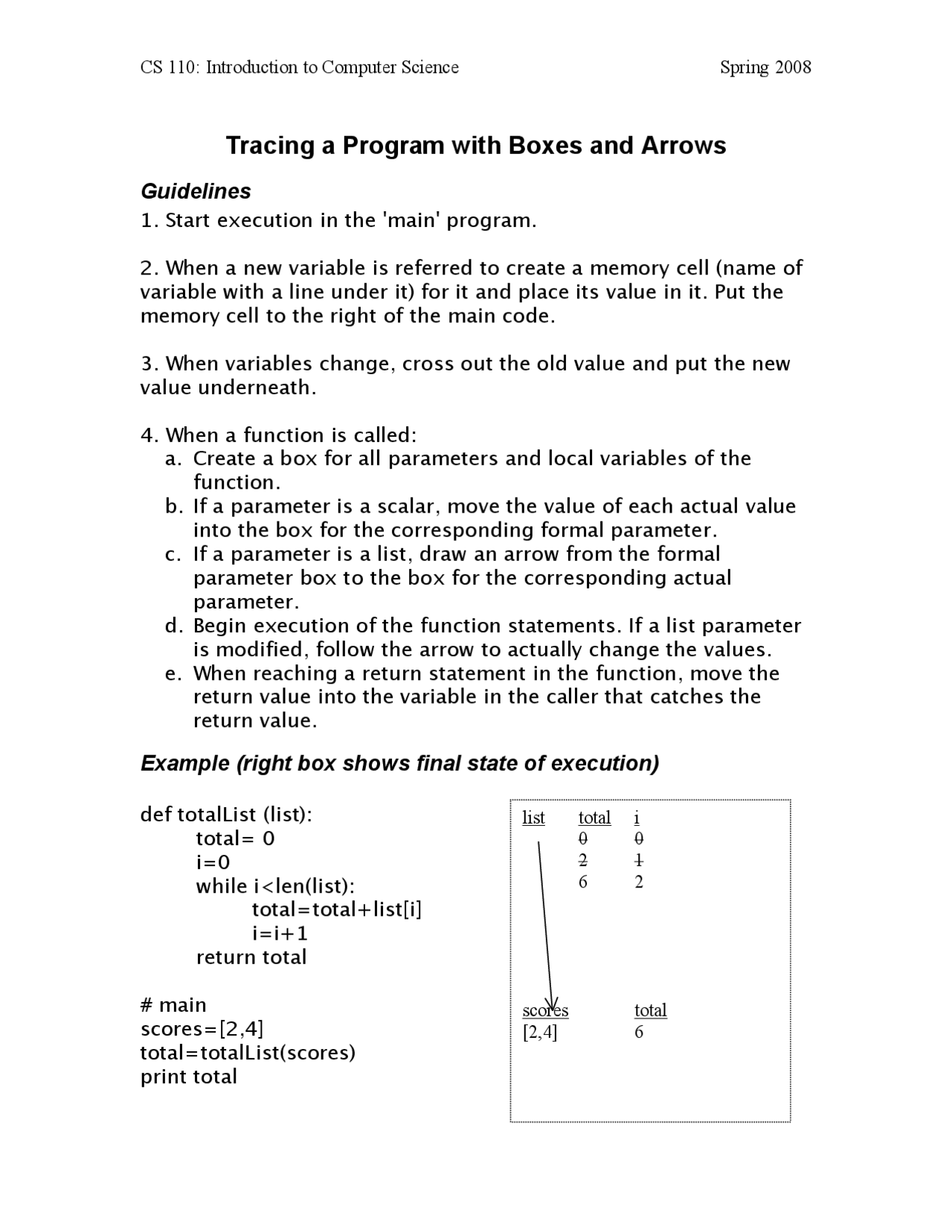 Tracing Program with Boxes and Arrows - Guidelines | CS 110 - Docsity