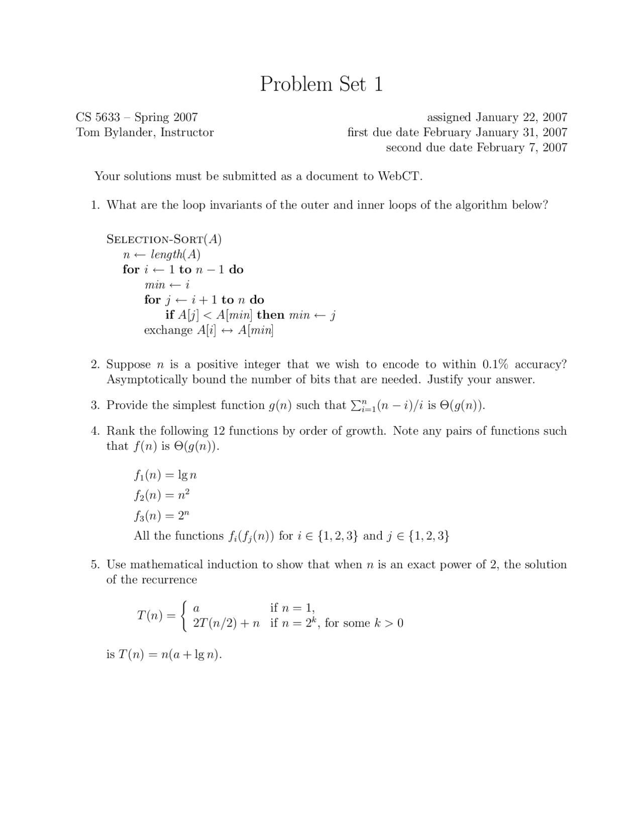CS 5633 Problem Set 1 - Spring 2007 | Assignments Algorithms and Programming | Docsity