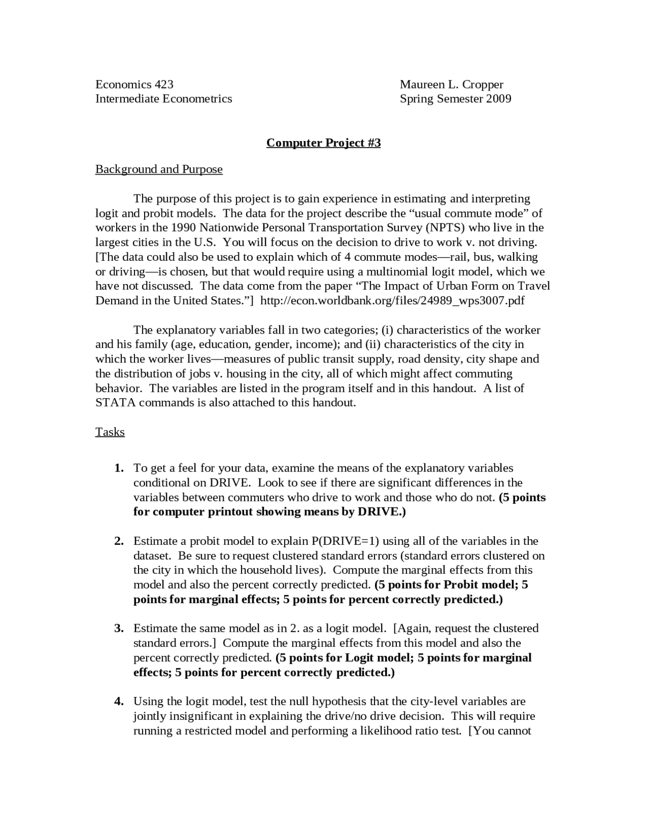 Logit and Probit Models - Econometrics II - Computer Project 3 | ECON 423 - Docsity