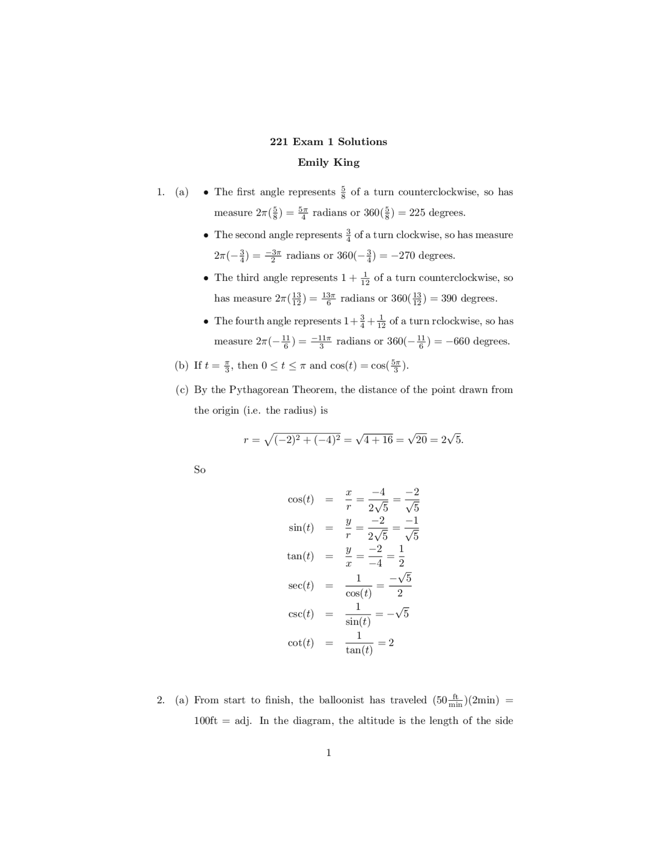 Elementary Calculus Ii Exam 1 Solutions Math 221 Docsity