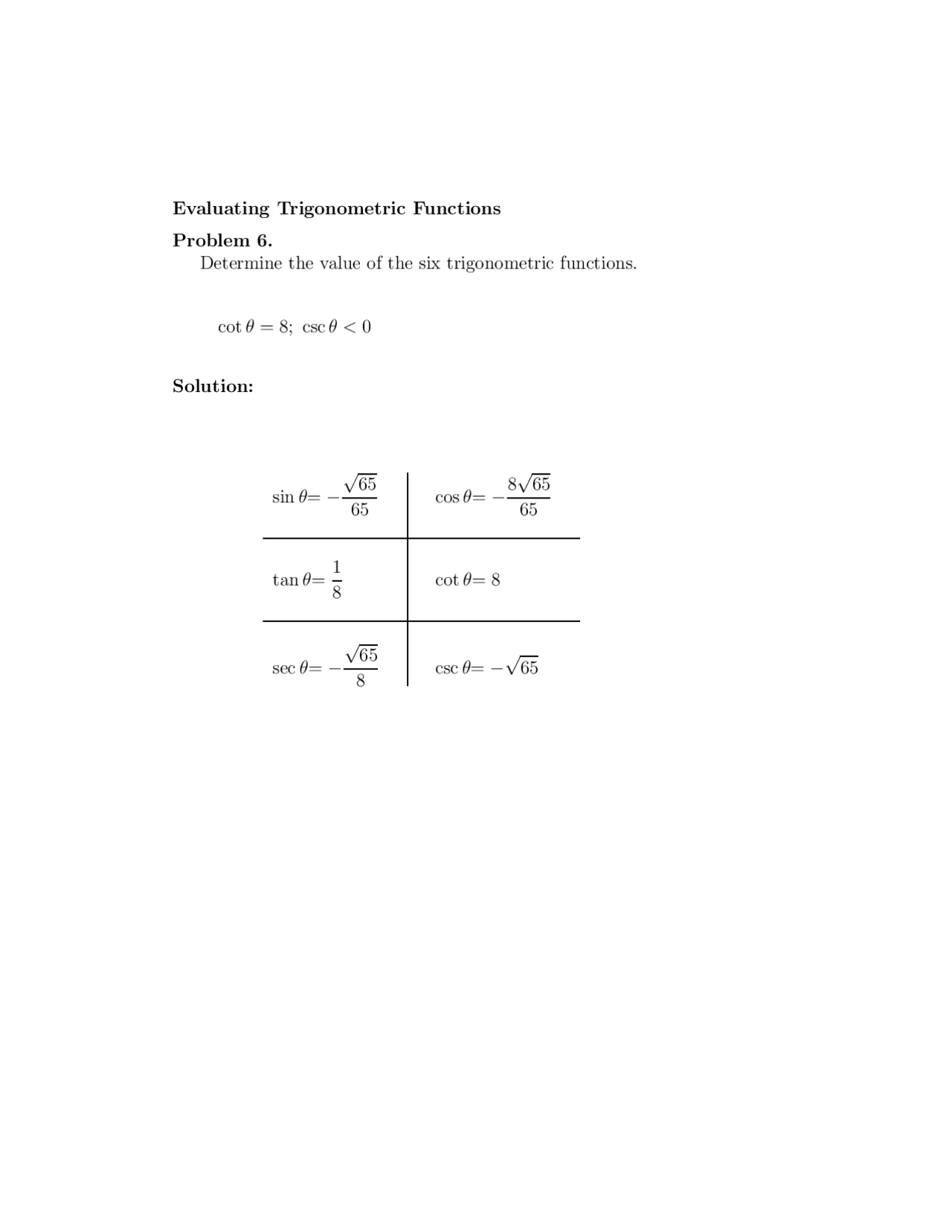 Solved Problem Evaluating Trigonometric Functions Math 1060