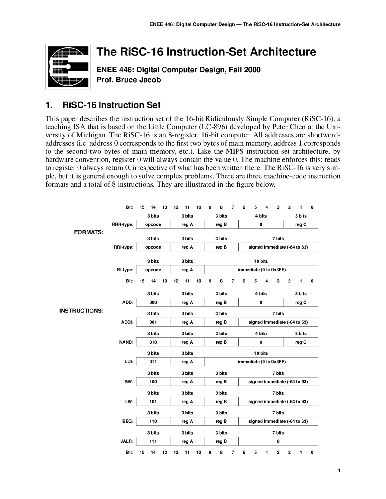 The Risc 16 Instruction Set Architecture Enee 446 Docsity