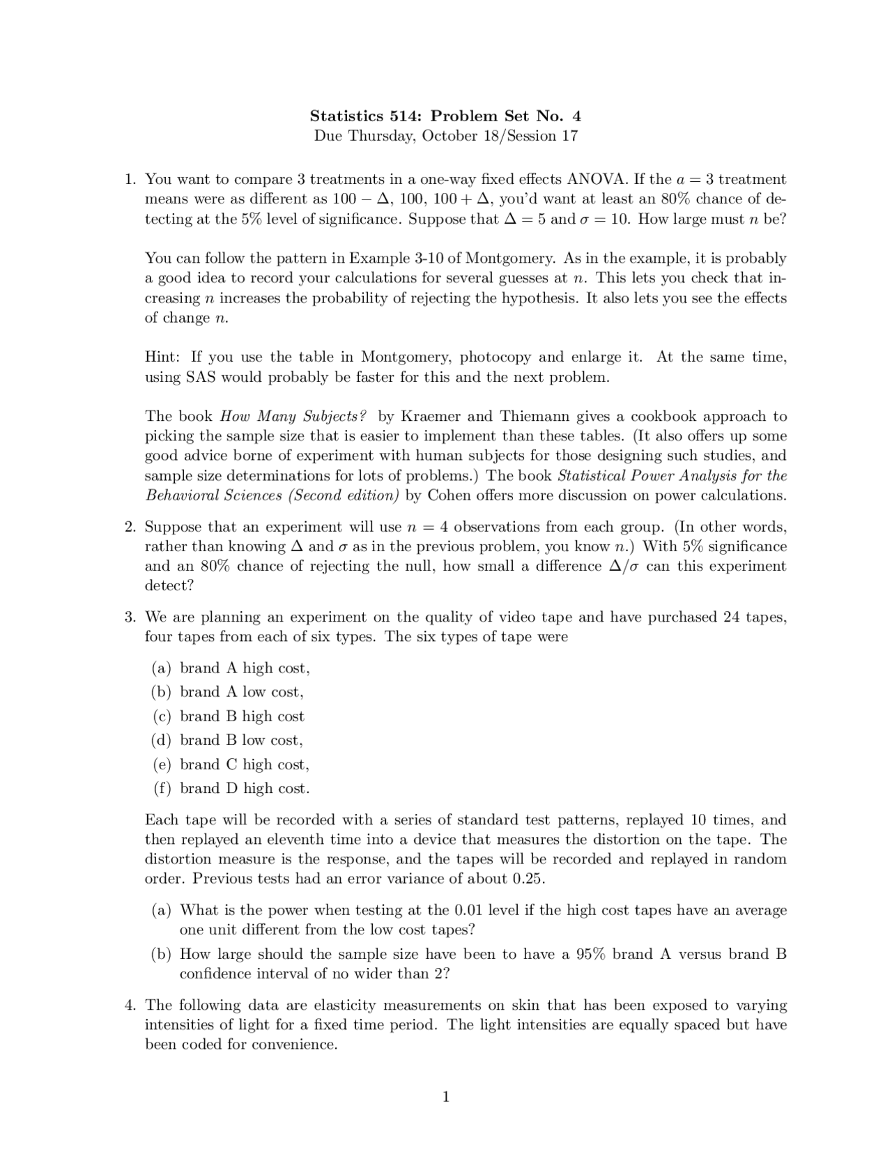 Problem Set Of Statistics Design Of Experiments Stat 51400 Docsity