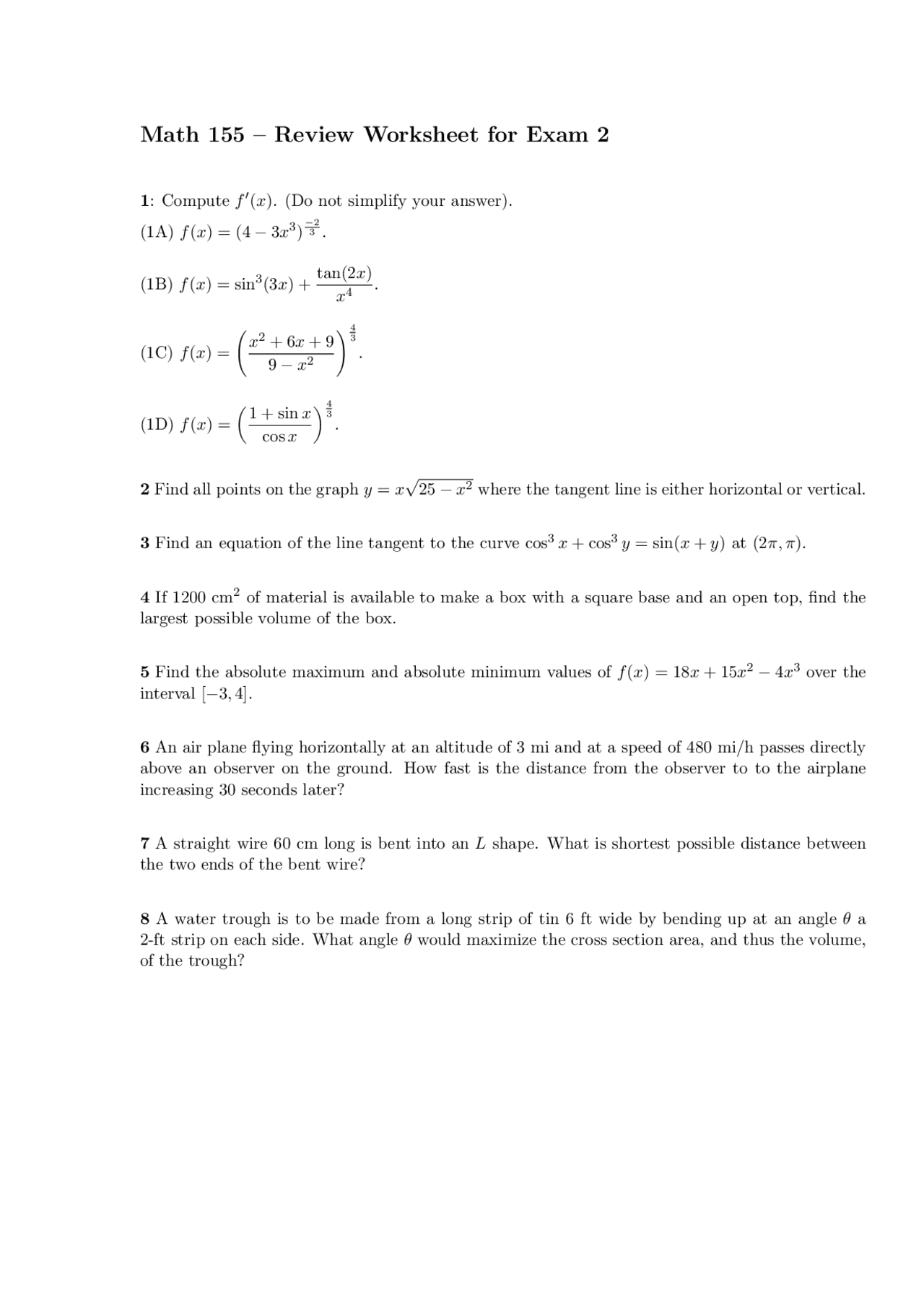 Review Worksheet For Exam 2 Calculus I Math 155 Docsity