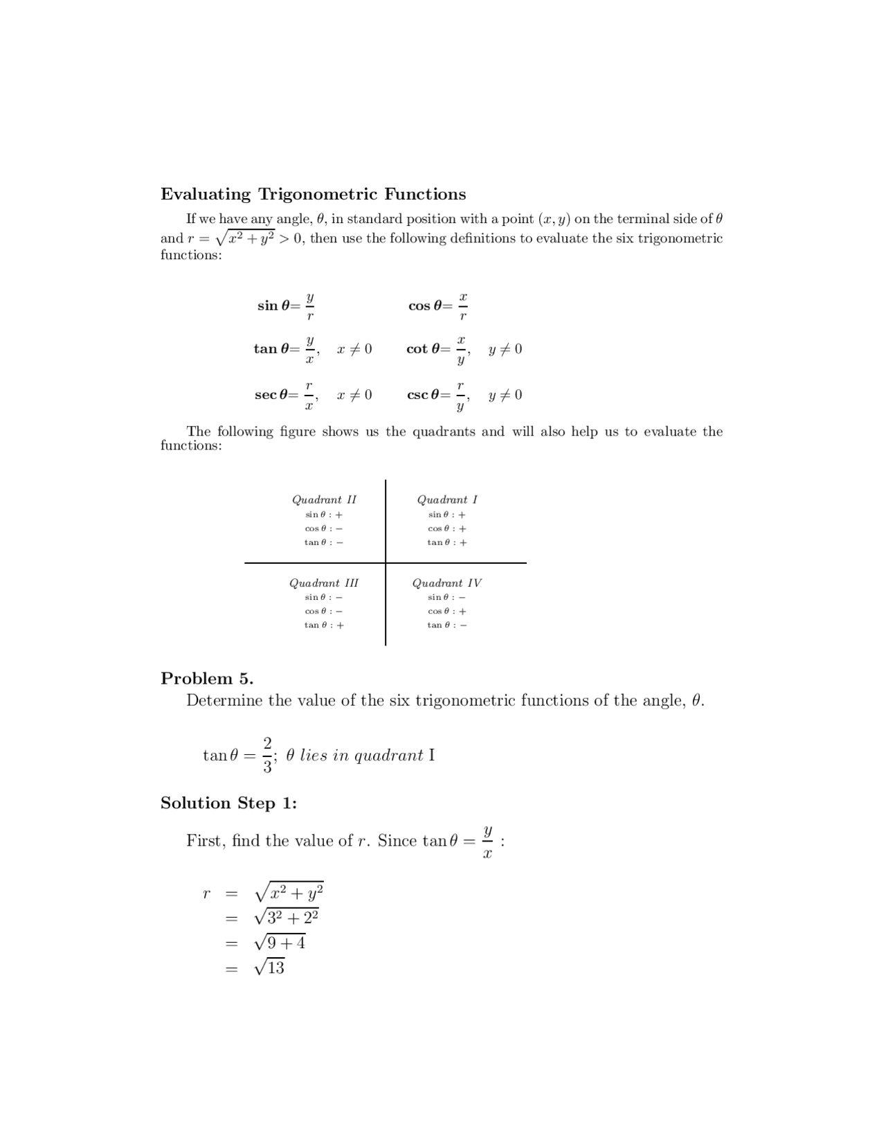 Evaluating Trig Functions: sin, cos, tan, cot, sec, and csc in Quadrant ...